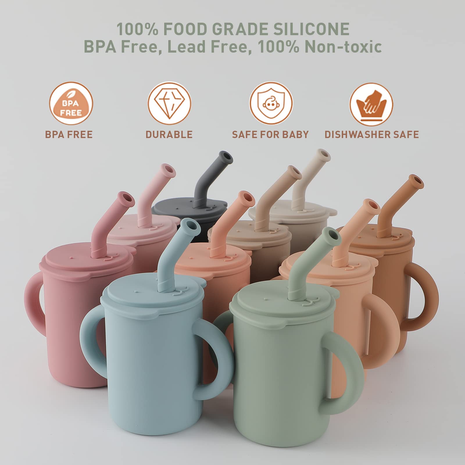 TOPGOMES Toddler Straw Cup with 2 Handlers, Food Grade Silicone Training Cup for Baby, Unbreakable, Come with Straw Brush, BPA Free, 5 oz (Dusty Lilac)