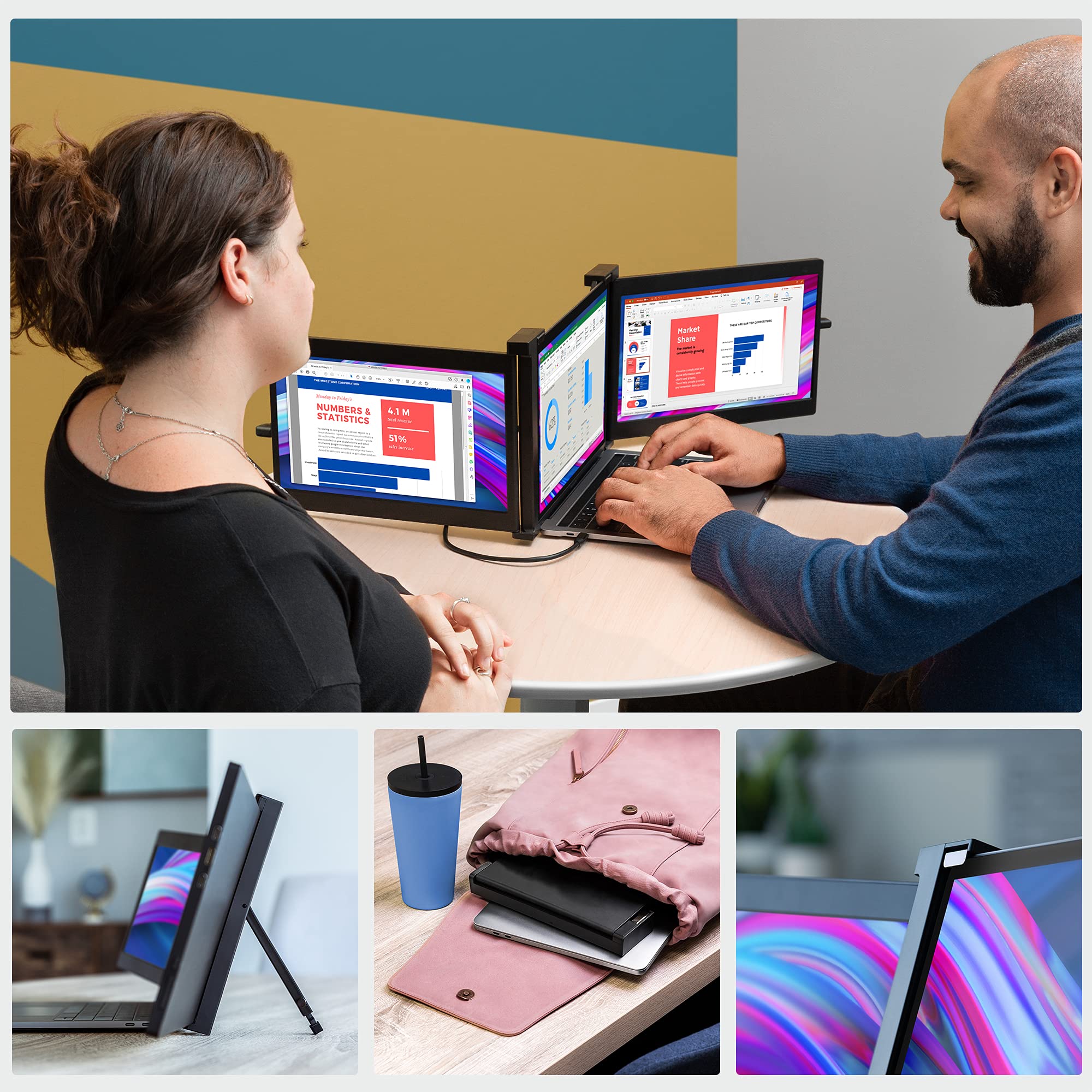 SideTrak Axis Triple Portable Monitor for Laptop | Attachable 11.9” FHD IPS Three Screen Laptop | Compatible with Mac, PC, & Chrome | Powered by USB or HDMI