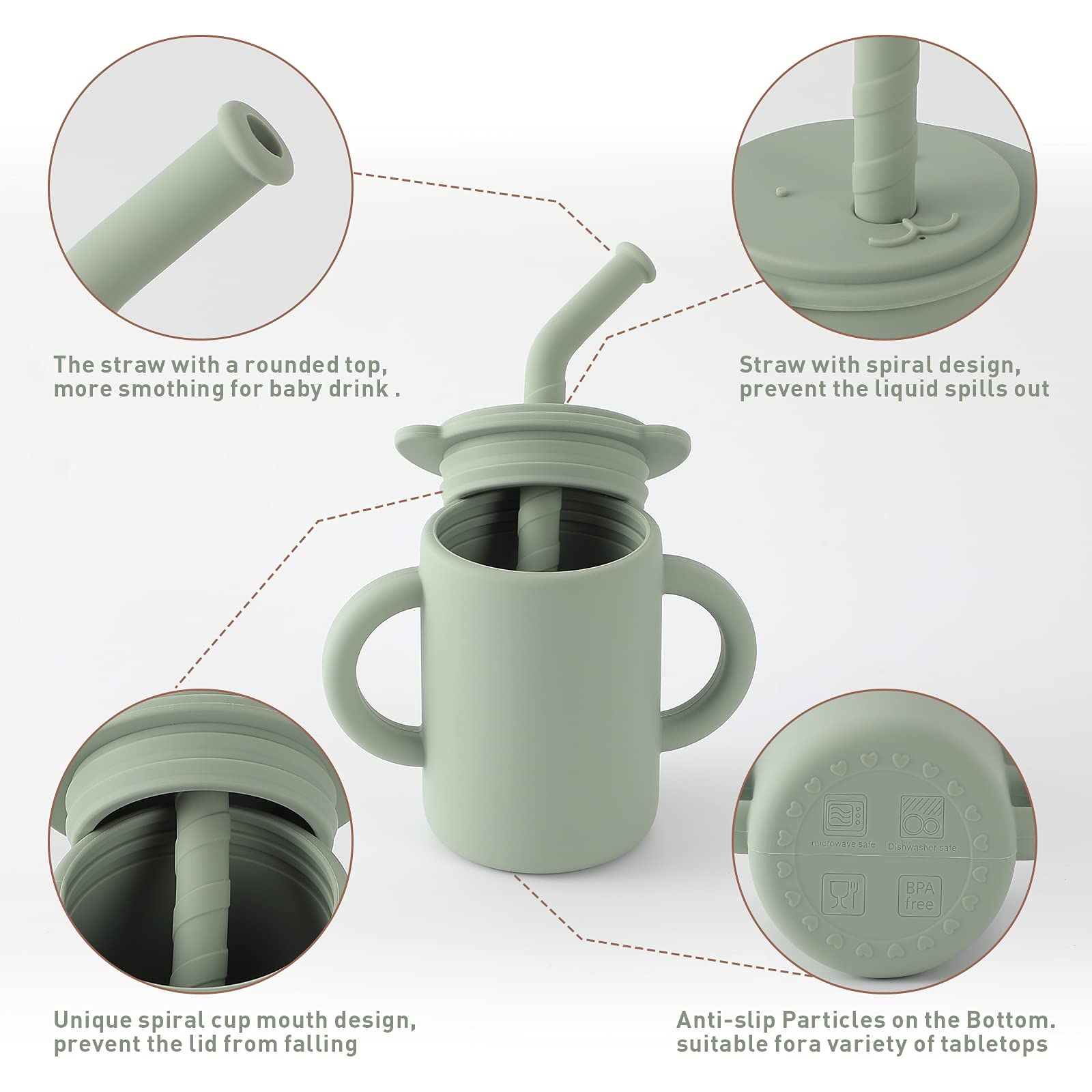 TOPGOMES Toddler Straw Cup with 2 Handlers, Food Grade Silicone Training Cup for Baby, Unbreakable, Come with Straw Brush, BPA Free, 5 oz (Dusty Lilac)