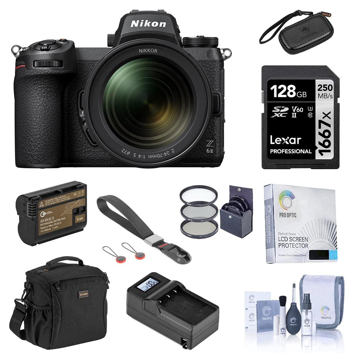 Nikon Z 6II Mirrorless Digital Camera with NIKKOR Z 24-70mm f/4 S Lens Bundle with 128GB SD Card, Bag, Wrist Strap, Extra Battery, Charger, Filter Kit and Accessories