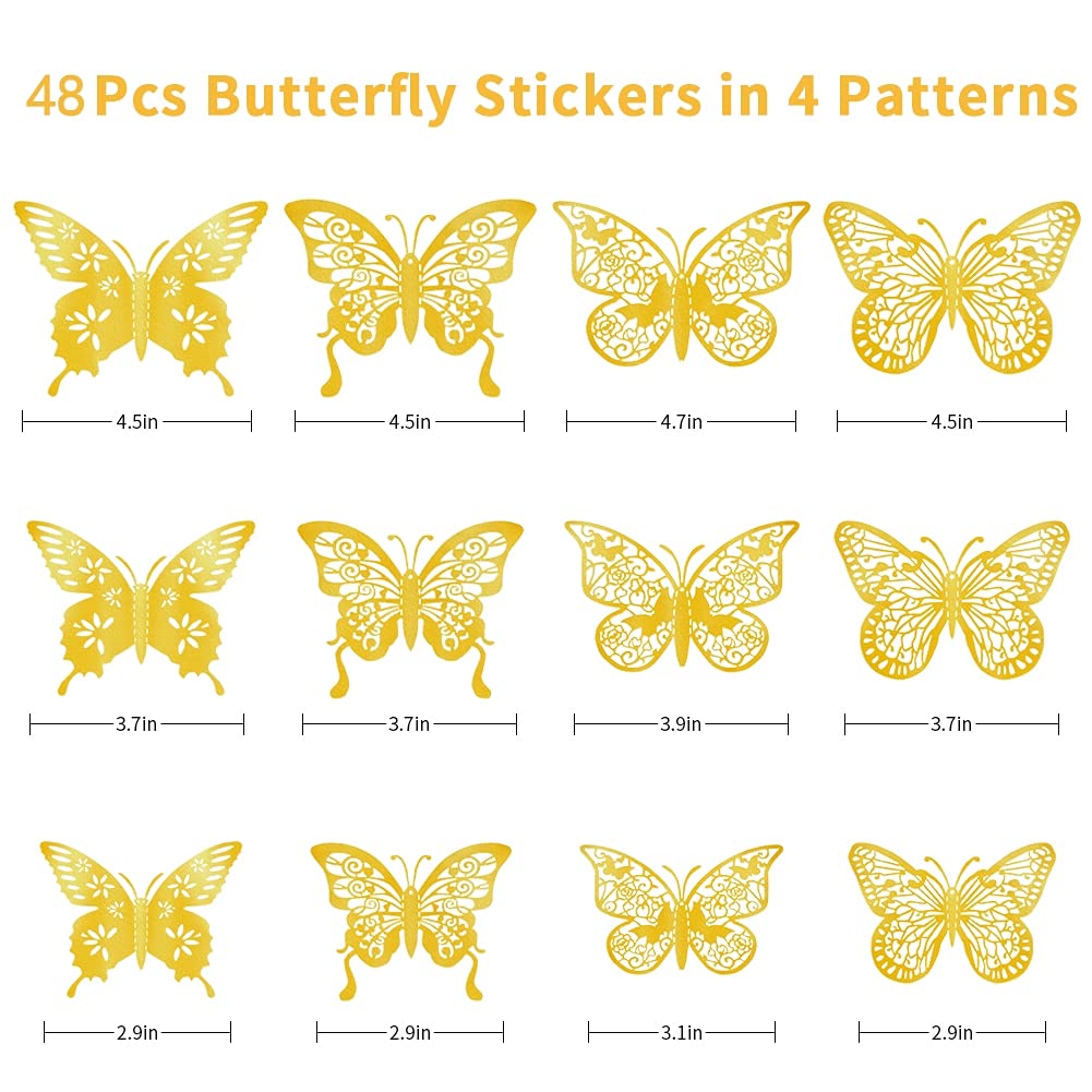 3D Butterfly Wall Decor, 48 Pcs 4 Styles 3 Sizes, Removable Butterfly Wall Stickers Gold Butterflies for Party Cake Decorations Kids Bedroom Nursery Classroom Wedding Decor DIY Gift (Gold)