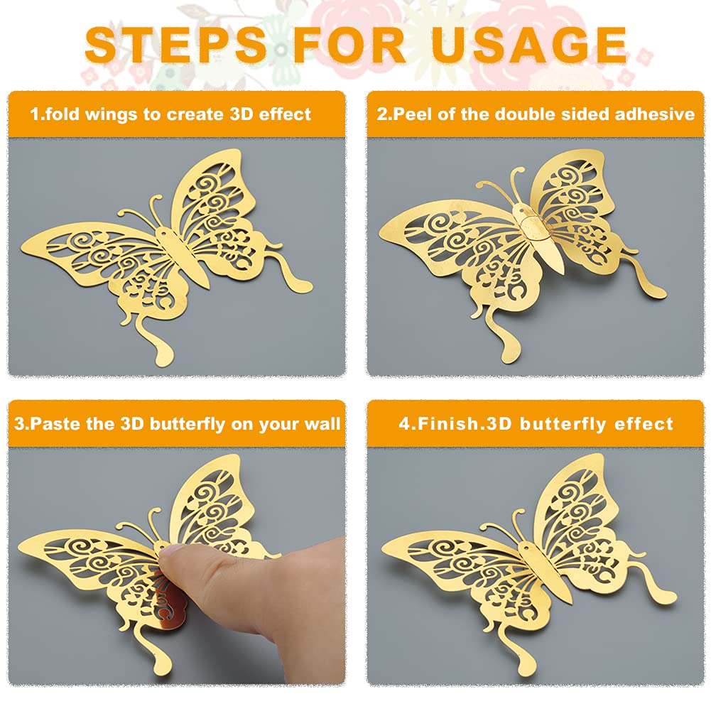 3D Butterfly Wall Decor, 48 Pcs 4 Styles 3 Sizes, Removable Butterfly Wall Stickers Gold Butterflies for Party Cake Decorations Kids Bedroom Nursery Classroom Wedding Decor DIY Gift (Gold)