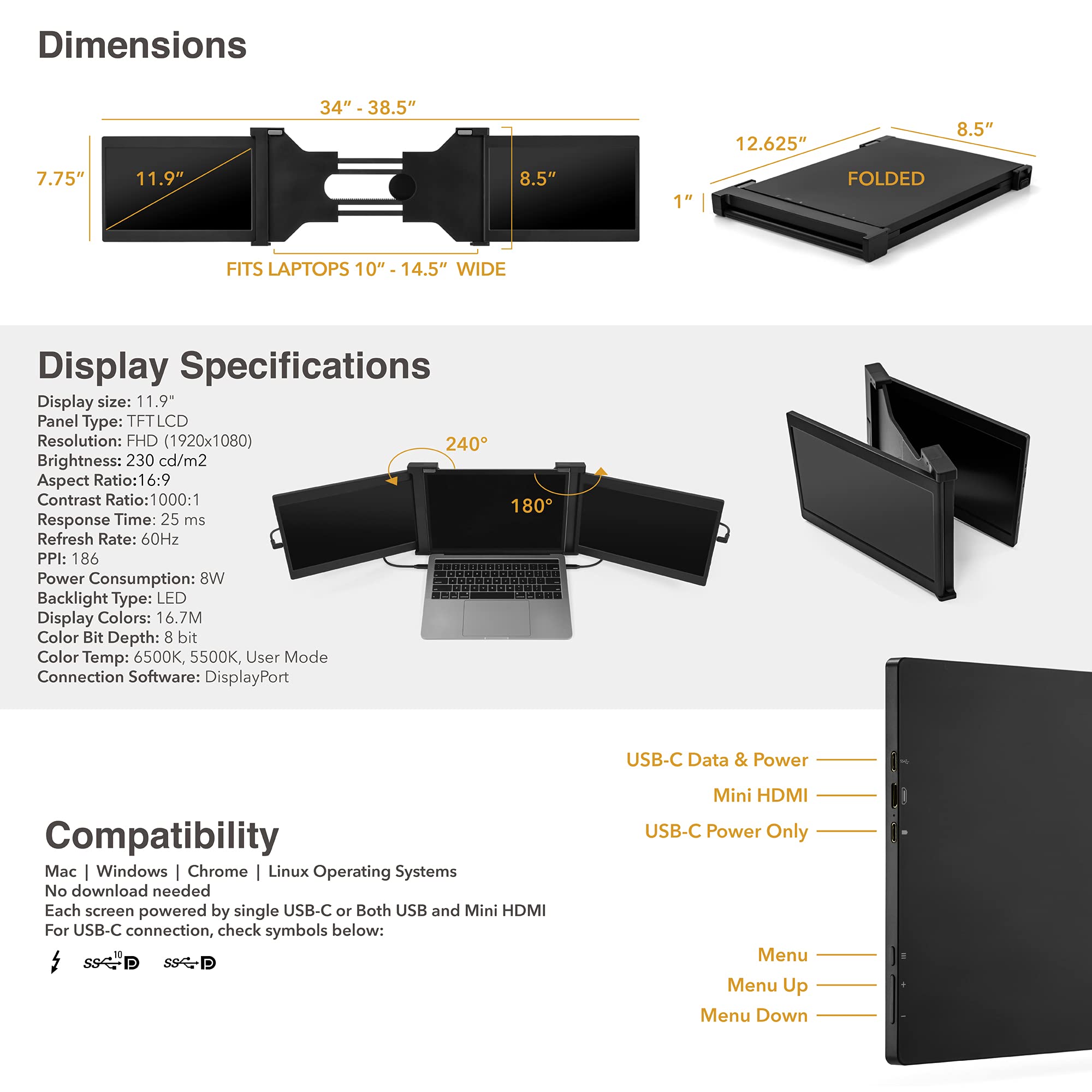 SideTrak Axis Triple Portable Monitor for Laptop | Attachable 11.9” FHD IPS Three Screen Laptop | Compatible with Mac, PC, & Chrome | Powered by USB or HDMI