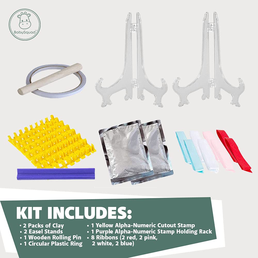 BabySquad Baby Handprint Footprint Clay Keepsake Ornament Kit (2 Pack) Non Toxic - Shatter Proof - Air Dries - Ultra Light. Includes Stencil, 2 Easels, 8 Ribbons, 2 Claypacks, Rolling Pin and More!