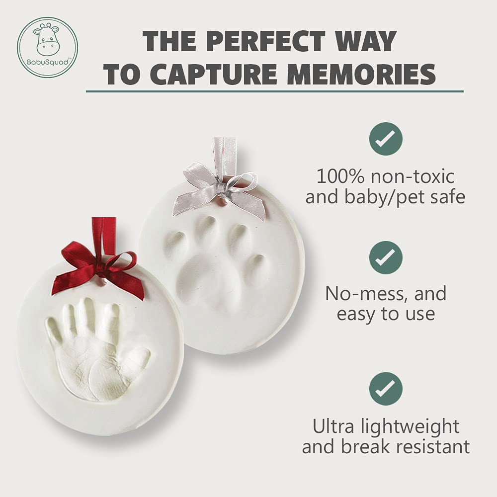 BabySquad Baby Handprint Footprint Clay Keepsake Ornament Kit (2 Pack) Non Toxic - Shatter Proof - Air Dries - Ultra Light. Includes Stencil, 2 Easels, 8 Ribbons, 2 Claypacks, Rolling Pin and More!