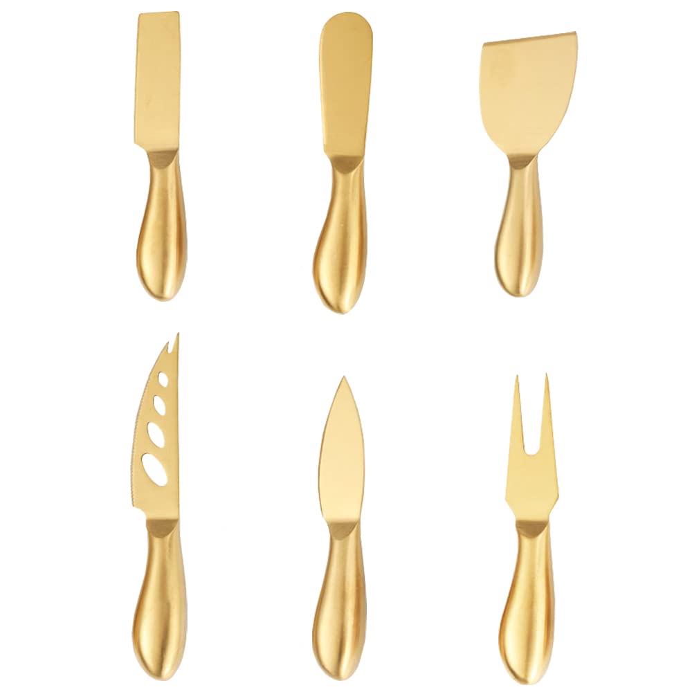 Golden Cheese Knife Set 6 Piece, Stainless Steel Cheese Cutter, Cheese Spreader knife with Ergonomic Handle, Cheese Shaver and Fork for Holiday, Birthday, Wedding, Party