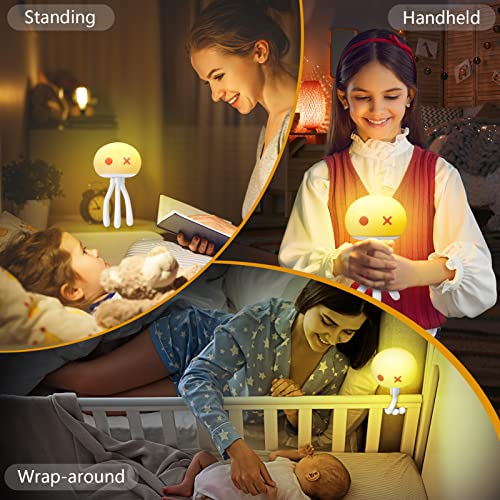 Cute Kids Night Light for Baby Toddler Teens, Dimmable Rechargeable Silicone Bedside Lamp with Flexible Tripod, Kawaii Nursery Night Lights for Breastfeeding, Soft Eye Caring, Tap Control (White)