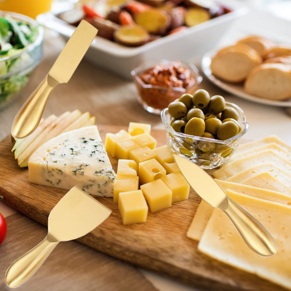 Golden Cheese Knife Set 6 Piece, Stainless Steel Cheese Cutter, Cheese Spreader knife with Ergonomic Handle, Cheese Shaver and Fork for Holiday, Birthday, Wedding, Party