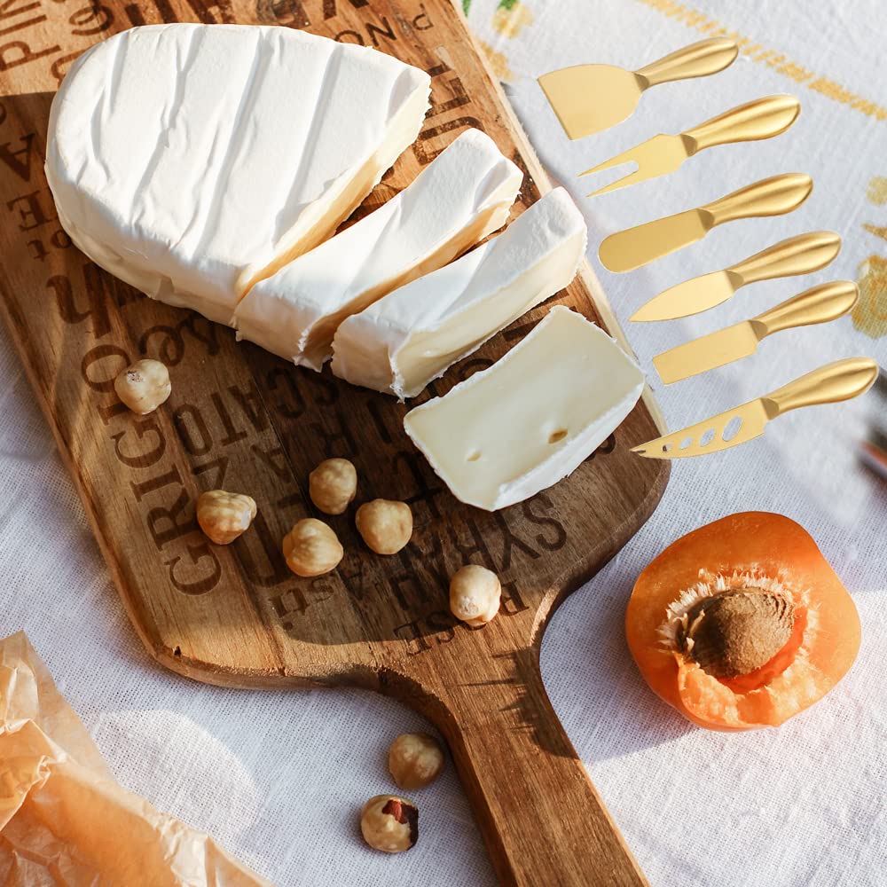 Golden Cheese Knife Set 6 Piece, Stainless Steel Cheese Cutter, Cheese Spreader knife with Ergonomic Handle, Cheese Shaver and Fork for Holiday, Birthday, Wedding, Party