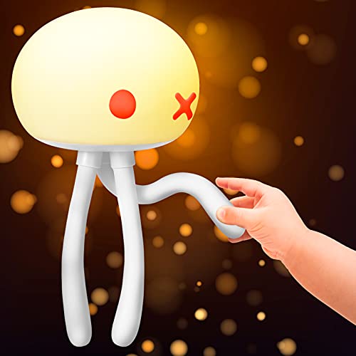 Cute Kids Night Light for Baby Toddler Teens, Dimmable Rechargeable Silicone Bedside Lamp with Flexible Tripod, Kawaii Nursery Night Lights for Breastfeeding, Soft Eye Caring, Tap Control (White)