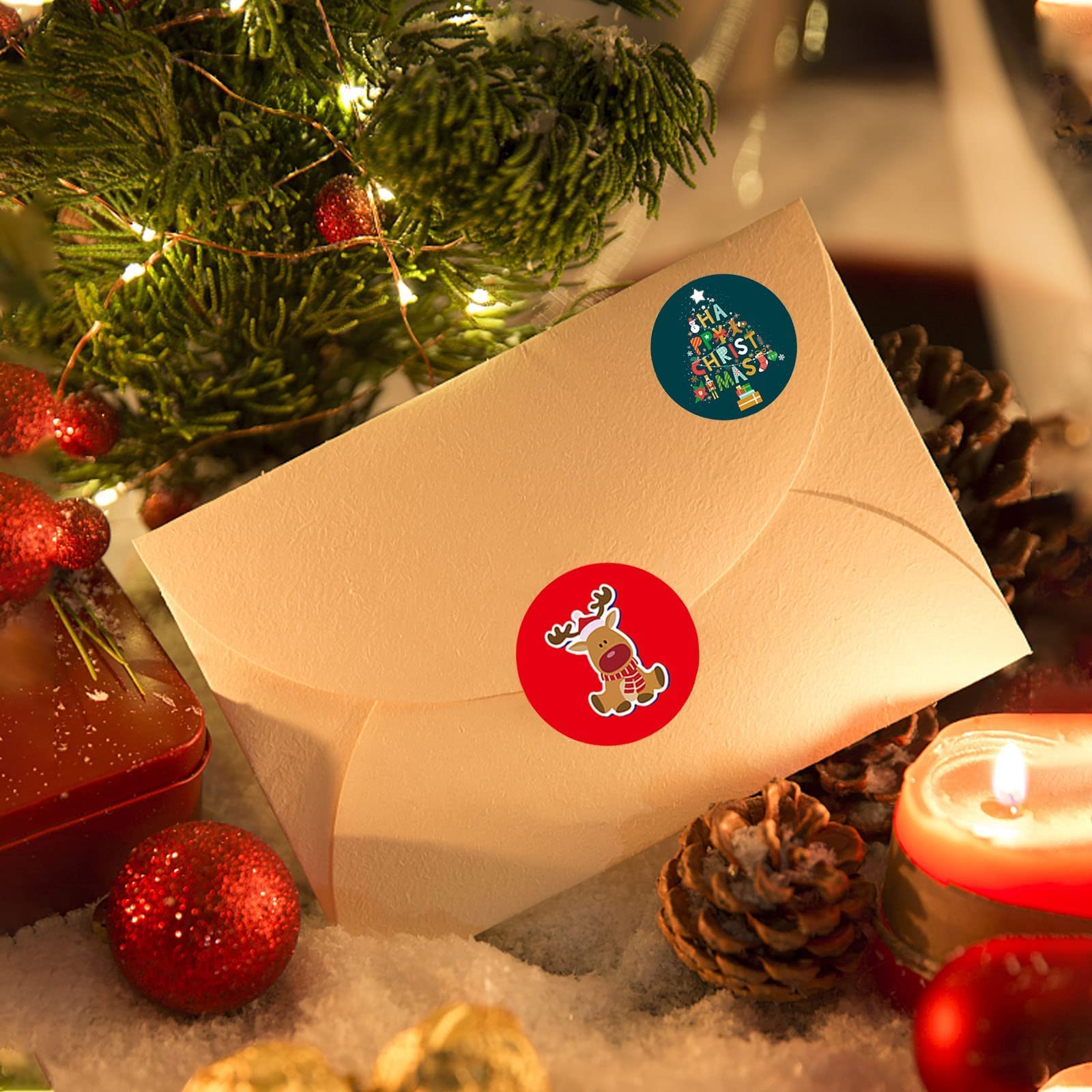 Happy Holidays Sticker, 1000 Pcs Christmas Stickers Roll Xmas Envelope Seals Stickers Adhesive Christmas Elements Stickers for Cards Gift Envelopes Boxes