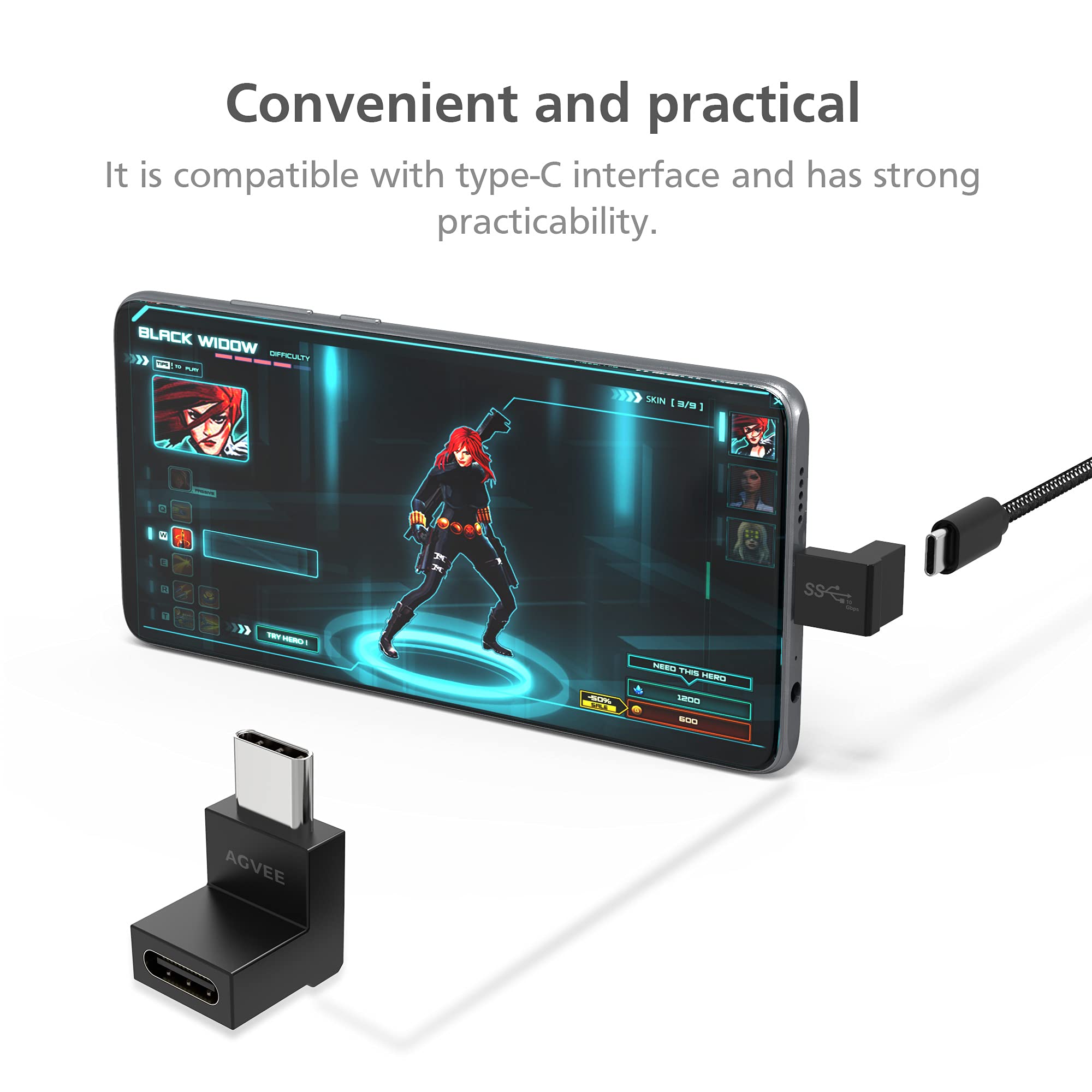 AGVEE 4 Pack Front Angle 90 Degree USB-C Male to USB-C Right Angled Female Adapter (Type-C 3.2 Gen 2) Converter Video Type-C 10G Data Extension Coupler Converter Connector, Black