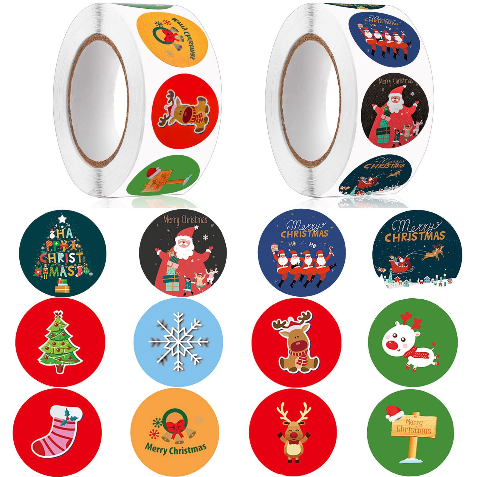 Happy Holidays Sticker, 1000 Pcs Christmas Stickers Roll Xmas Envelope Seals Stickers Adhesive Christmas Elements Stickers for Cards Gift Envelopes Boxes