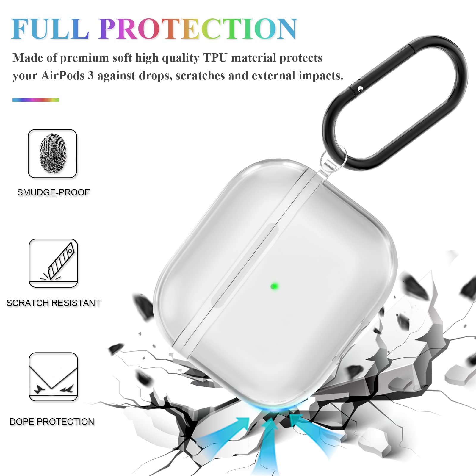 Geekboy Soft TPU Case Cover Compatible for AirPods 3 (2021) with Keychain Portable Shockproof and Dustproof See-Through Protective Cover, Front LED Visible, AirPods 3 Accessories - Clear