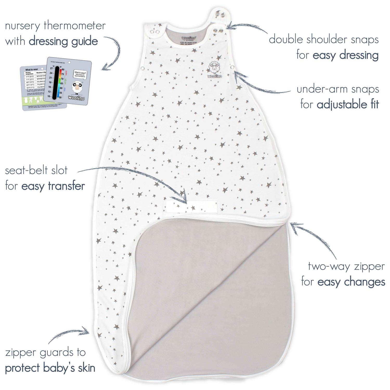 Woolino Merino Wool Ultimate Baby Sleep Sack - 4 Season Baby Wearable Blanket - Two-Way Zipper Adjustable Sleeping Bag for Babies and Toddlers - Universal Size (2-24 Months) - Sage