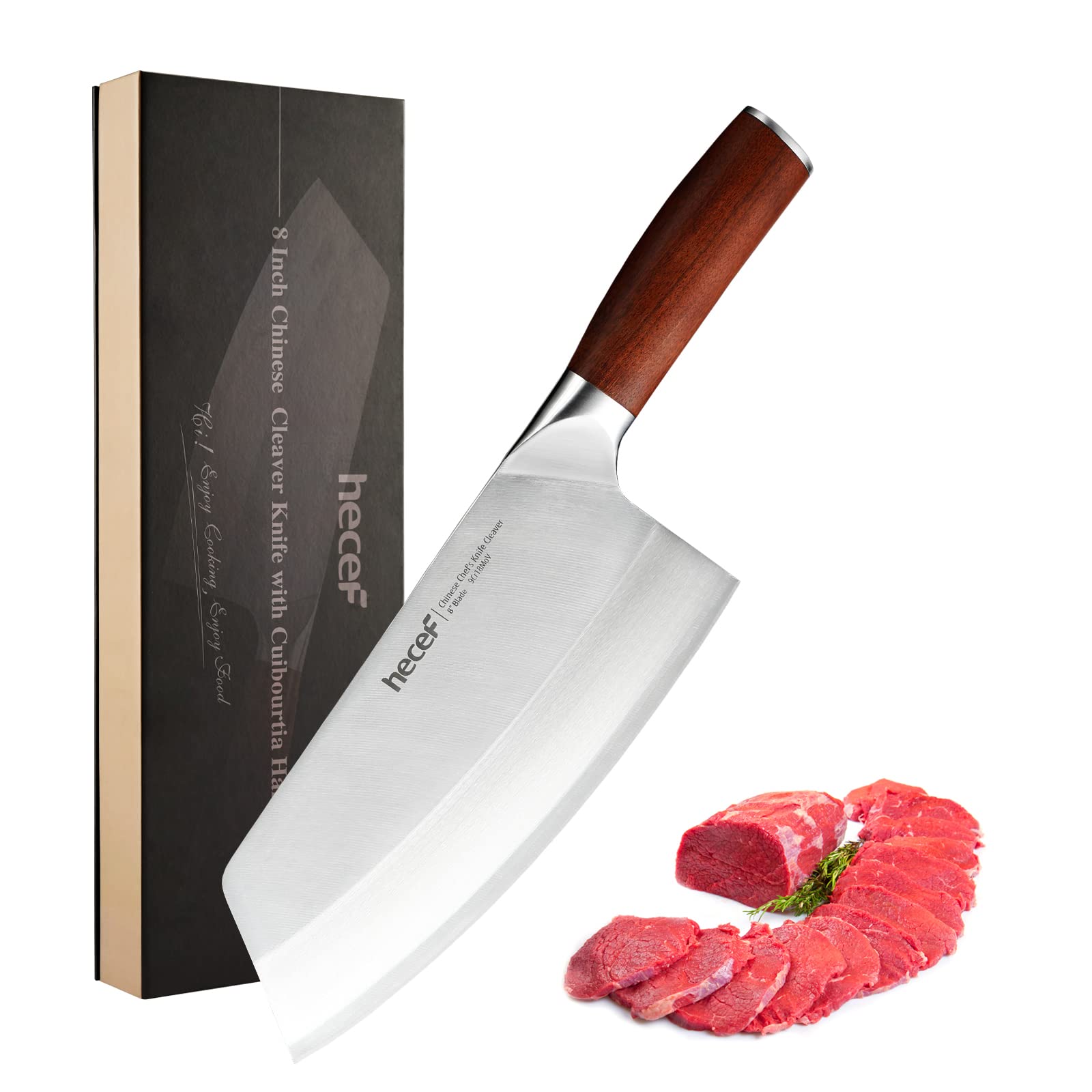 hecef 8 Inch Chinese Cleaver Kitchen Knife, Vegetable Meat Cleaver Chef’s Knife Made of High Carbon Steel & Ergonomic Cuibourtia Handle, Sharp Kitchen Cutlery for Home & Restaurant with Gift Box