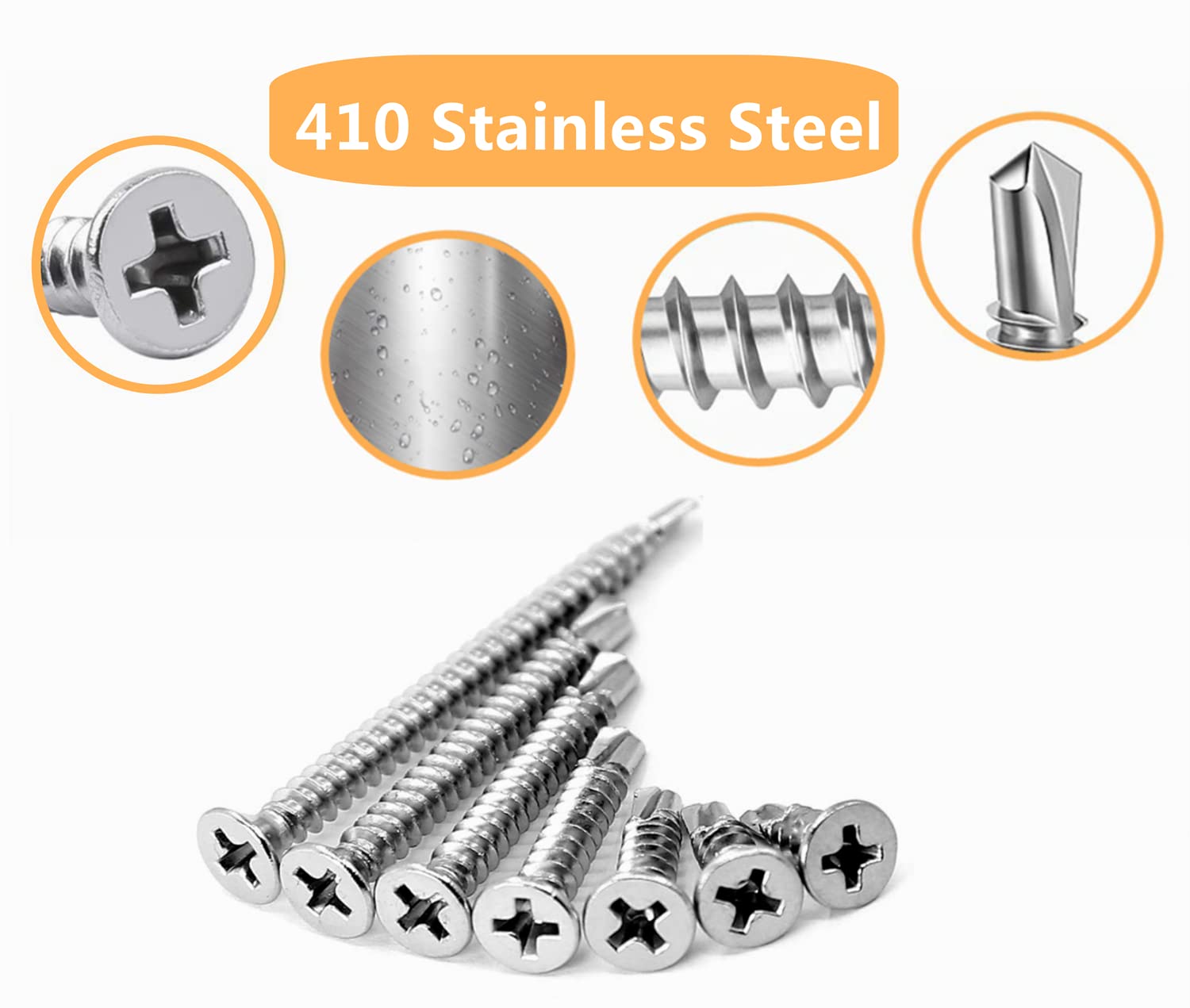 Guard4U 300Pcs 7-Size 410 Stainless Steel #8 SAE Flat Head Phillips Self Drilling Screws Sheet Metal Tek Screws Assortment Kit, Modified Truss Head Self Driller- #8 x 1/2" to #8 x 2"