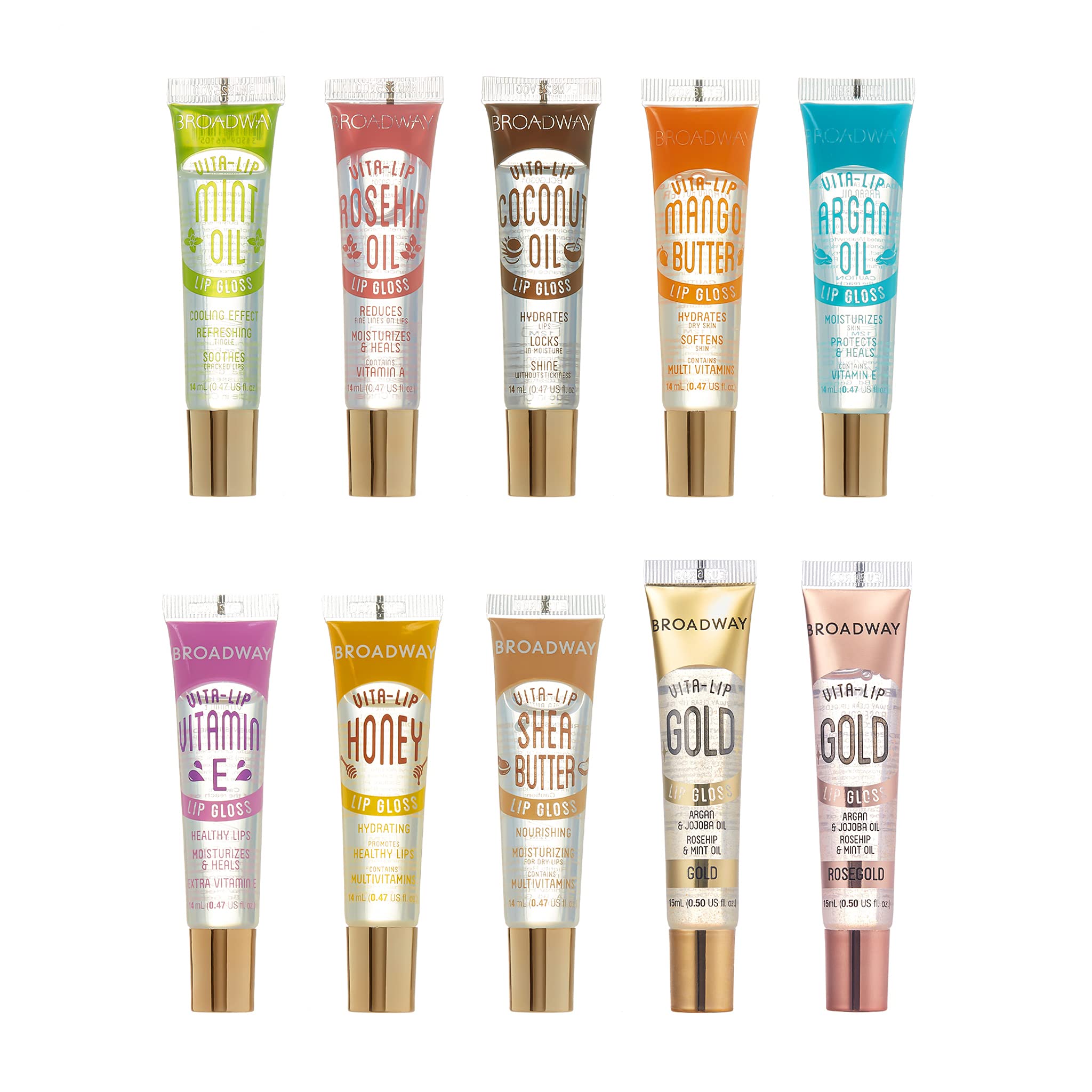 Broadway Ruby Kisses Vita-Lip Clear Lip Gloss Moisturizing Hydrating Nourishing Long Lasting High Shine Glossy Lip Care Gloss 0.47oz/14ml (10 PCS SET)