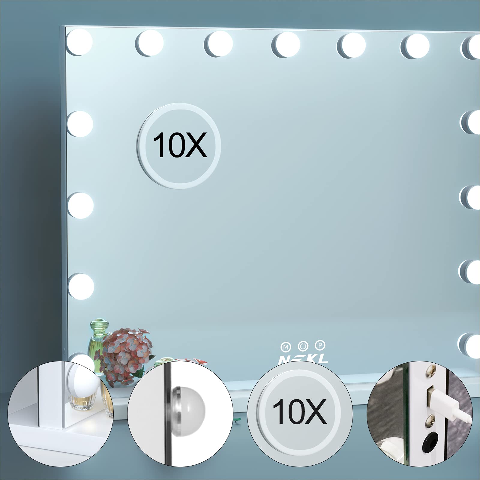NEKL Hollywood Vanity Mirror with Lights, 23x19 Inch, 3 Modes, Touchscreen, USB Port, Tabletop & Wall-Mounted