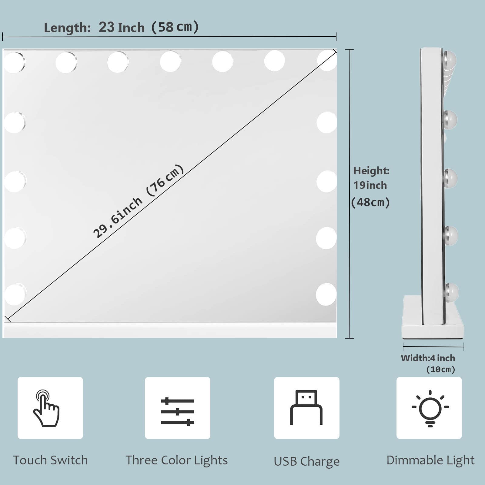 NEKL Hollywood Vanity Mirror with Lights, 23x19 Inch, 3 Modes, Touchscreen, USB Port, Tabletop & Wall-Mounted