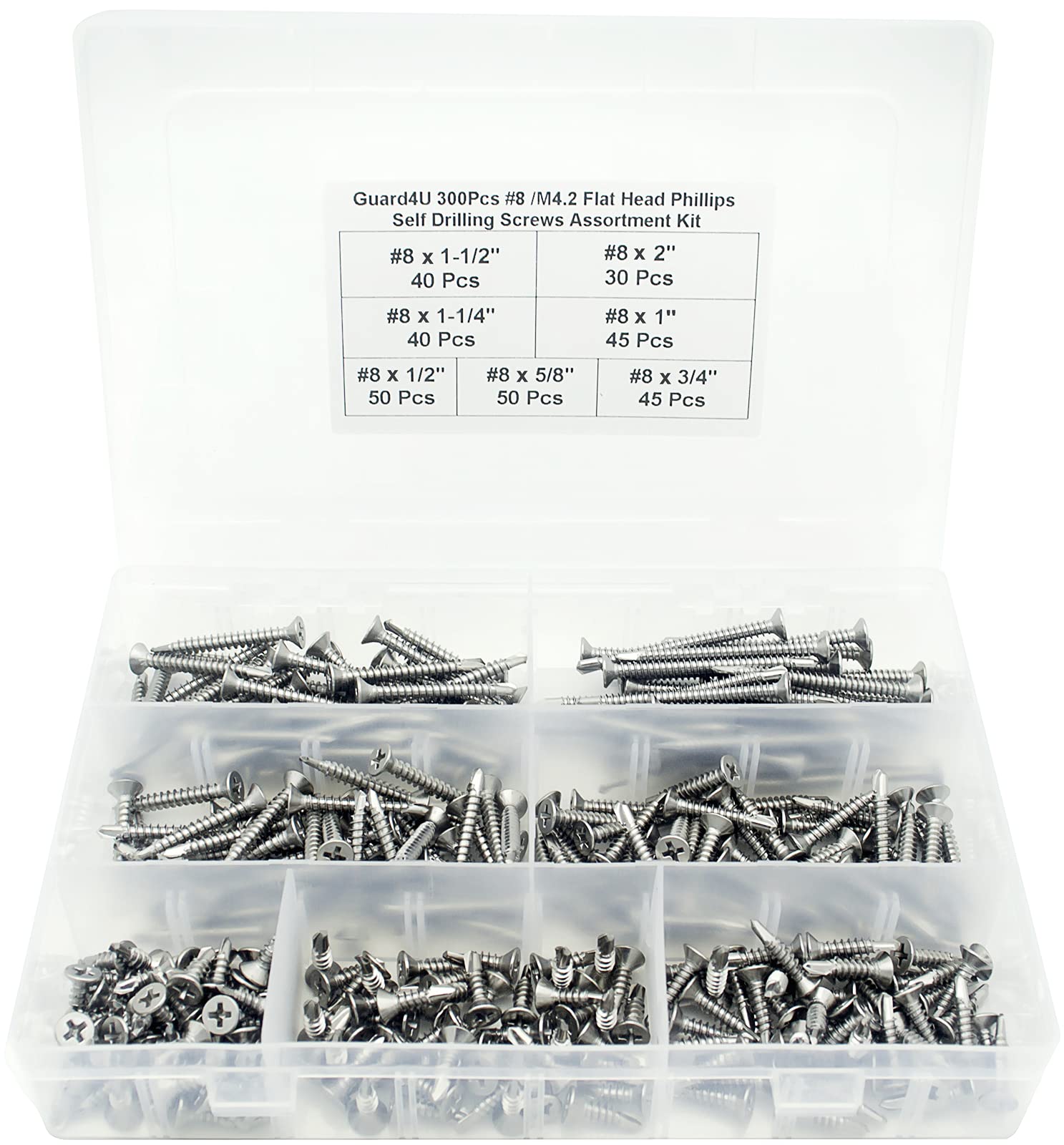 Guard4U 300Pcs 7-Size 410 Stainless Steel #8 SAE Flat Head Phillips Self Drilling Screws Sheet Metal Tek Screws Assortment Kit, Modified Truss Head Self Driller- #8 x 1/2" to #8 x 2"