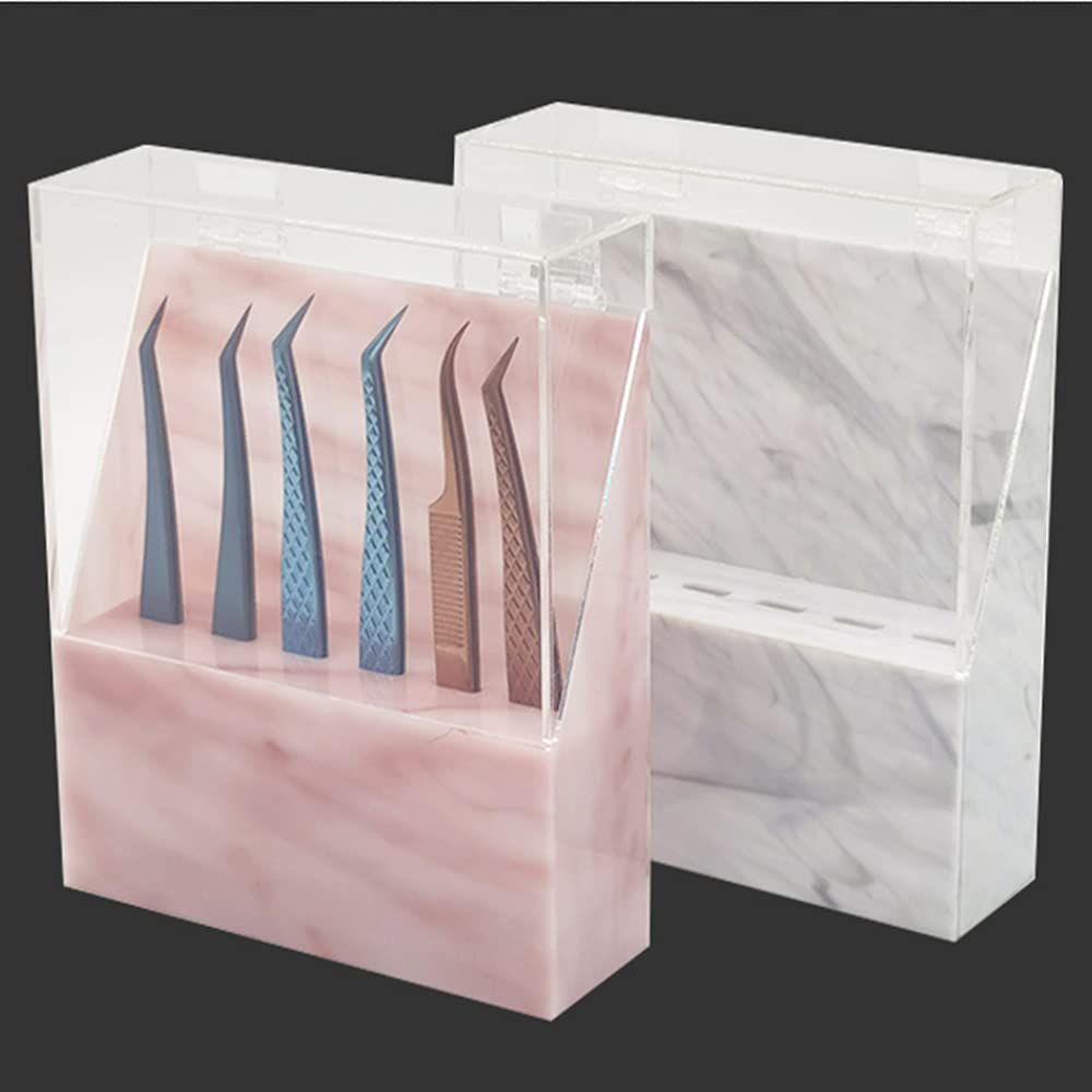 Tweezers Holder Shelf, Dust-proof Tweezer Stand, 6-Hole Acrylic Tweezers Display Stand, Storage Rack Eyelash Extension Tweezers Box with Dust Cover for Salon (White Marble)