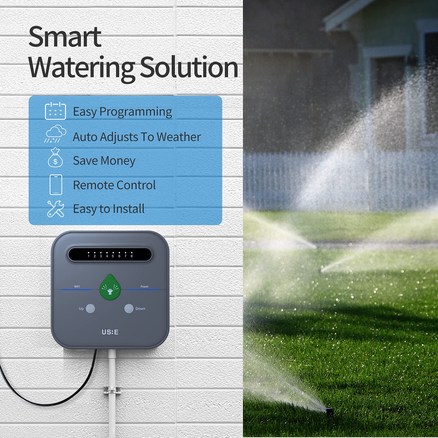 US:E Smart Sprinkler Controller, 8 Zone Watering Timer & Weather Intelligent Irrigation System, Compatible with Alexa and Google Assistant, App Remote & Voice Control, Rain Freeze and Snow Skip