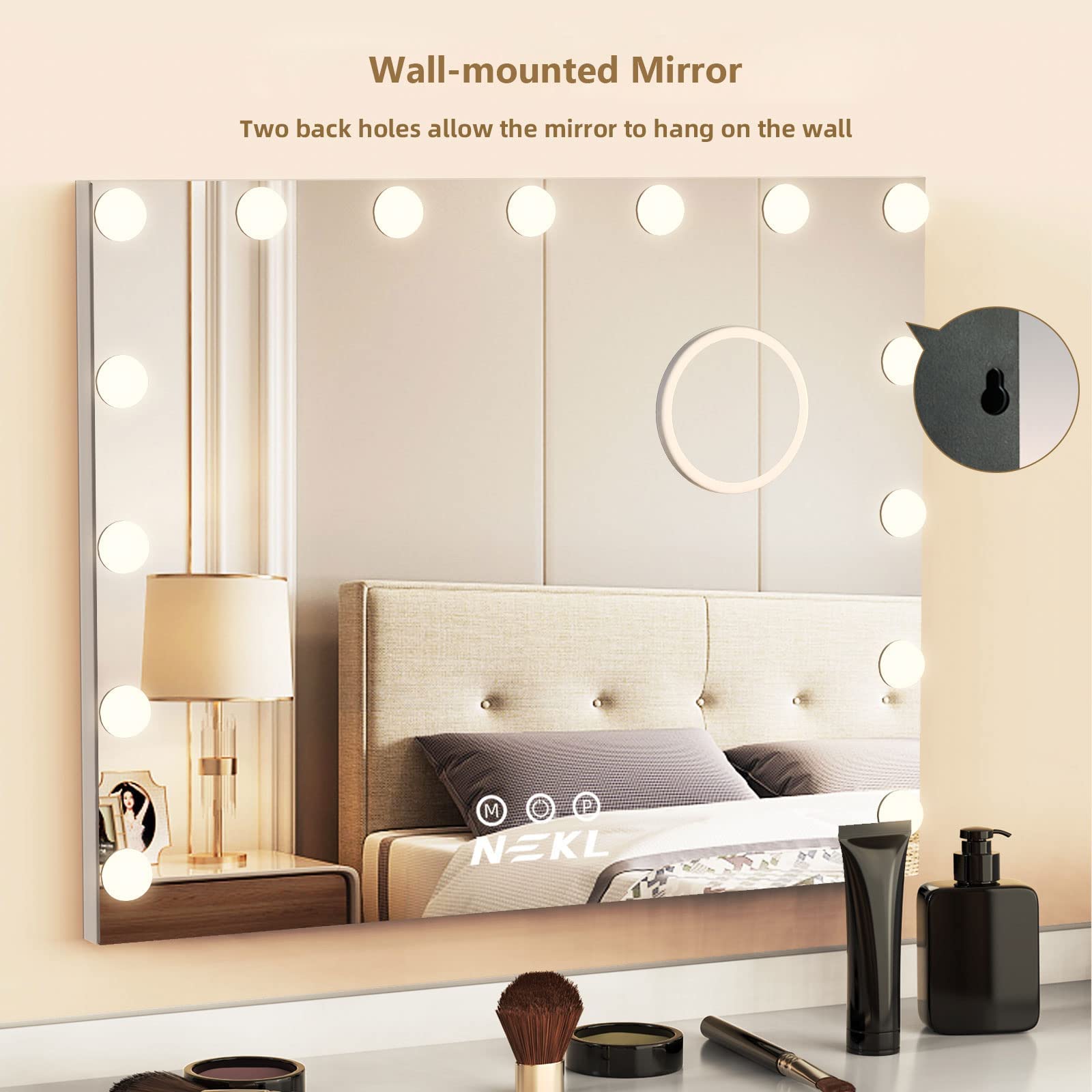 NEKL Hollywood Vanity Mirror with Lights, 23x19 Inch, 3 Modes, Touchscreen, USB Port, Tabletop & Wall-Mounted