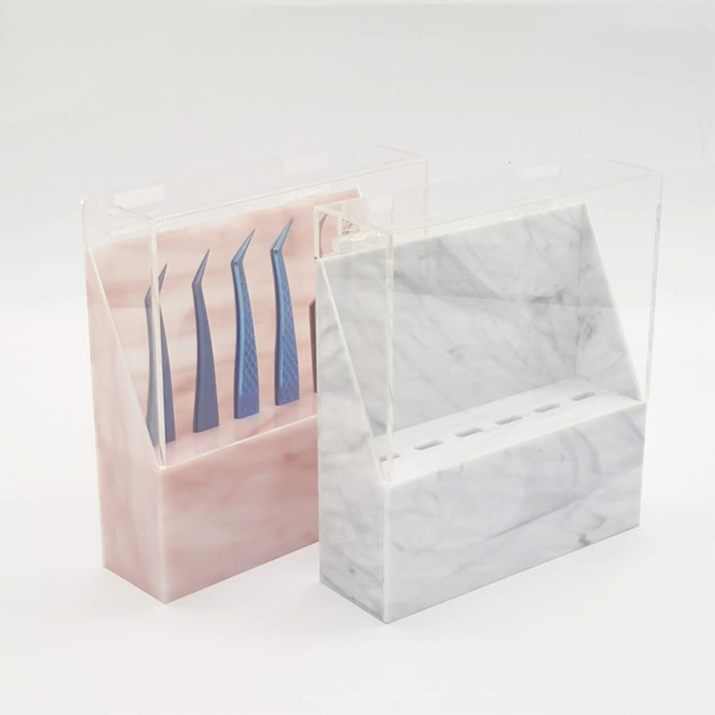 Tweezers Holder Shelf, Dust-proof Tweezer Stand, 6-Hole Acrylic Tweezers Display Stand, Storage Rack Eyelash Extension Tweezers Box with Dust Cover for Salon (White Marble)