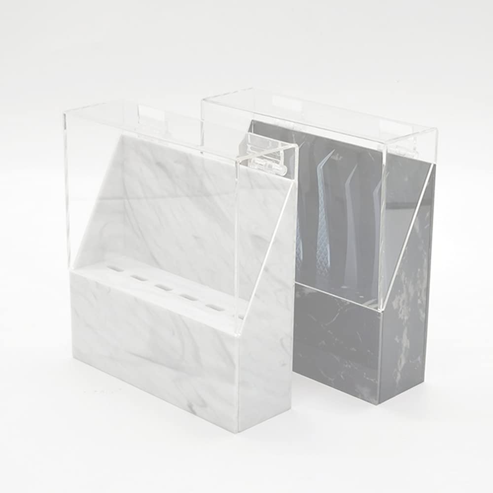 Tweezers Holder Shelf, Dust-proof Tweezer Stand, 6-Hole Acrylic Tweezers Display Stand, Storage Rack Eyelash Extension Tweezers Box with Dust Cover for Salon (White Marble)
