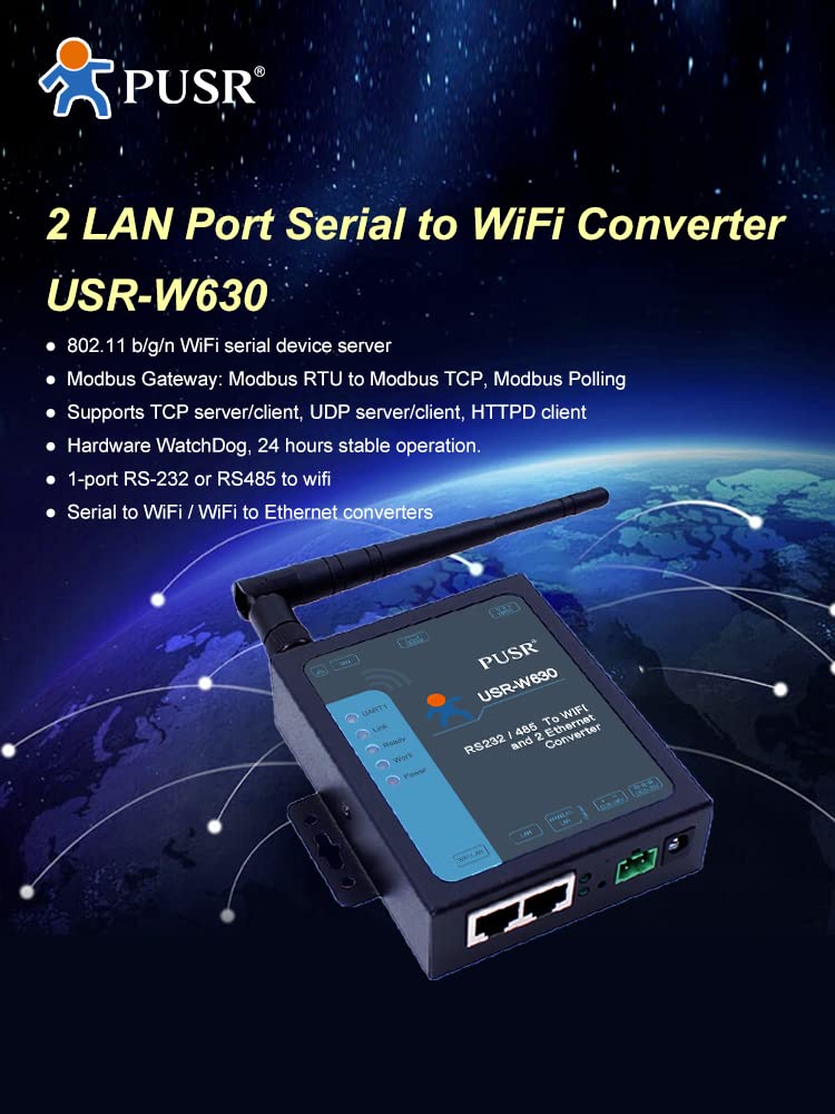 PUSR Industrial WiFi to 2 Ports Ethernet to Serial Converter Supports modbus RTU to TCP rs232 rs485 to WiFi ethernet Server USR-W630