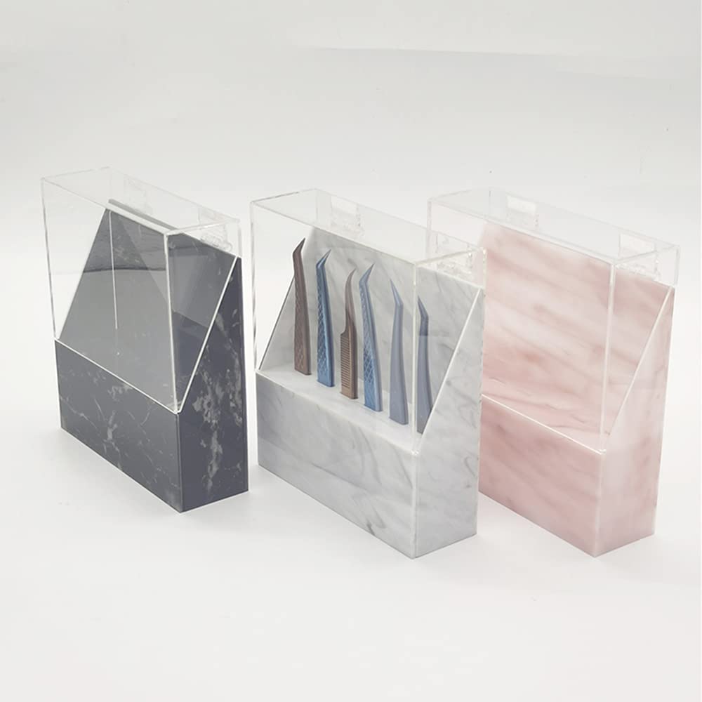 Tweezers Holder Shelf, Dust-proof Tweezer Stand, 6-Hole Acrylic Tweezers Display Stand, Storage Rack Eyelash Extension Tweezers Box with Dust Cover for Salon (White Marble)