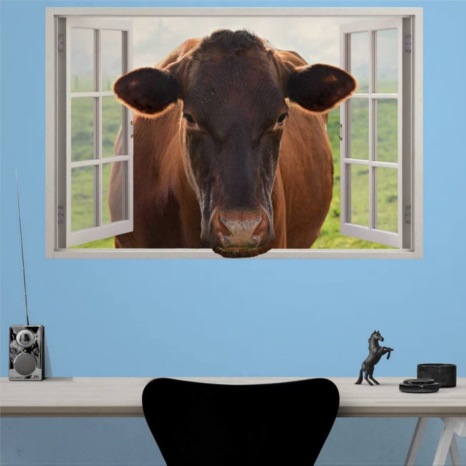 Grassland Farm Animals Cattle Cow Wall Sticker Art Poster Mural Transfer Decal Print Fake Open Window wall art Removable Poster Vinyl decals For Bedroom Living Room Playroom Nursery,32'' dw393