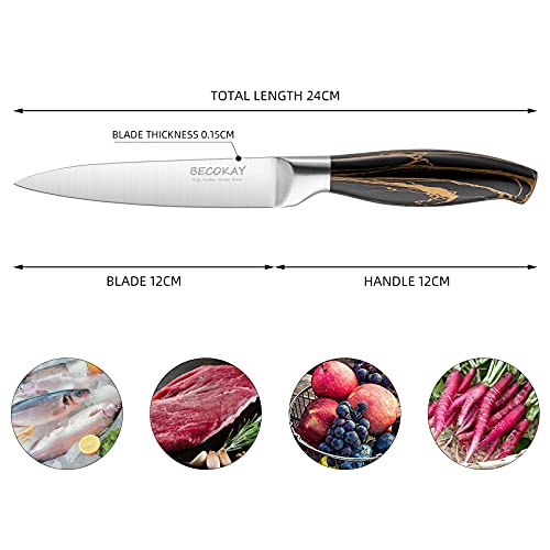 BECOKAY Kitchen Utility Knife - 5 inch Petty Knife with Sheath - Sharp High Carbon German Stainless Steel Cutting Engraving Knife - Suitable for Meat, Fruit Peeling Knife - Ergonomic Handle Design