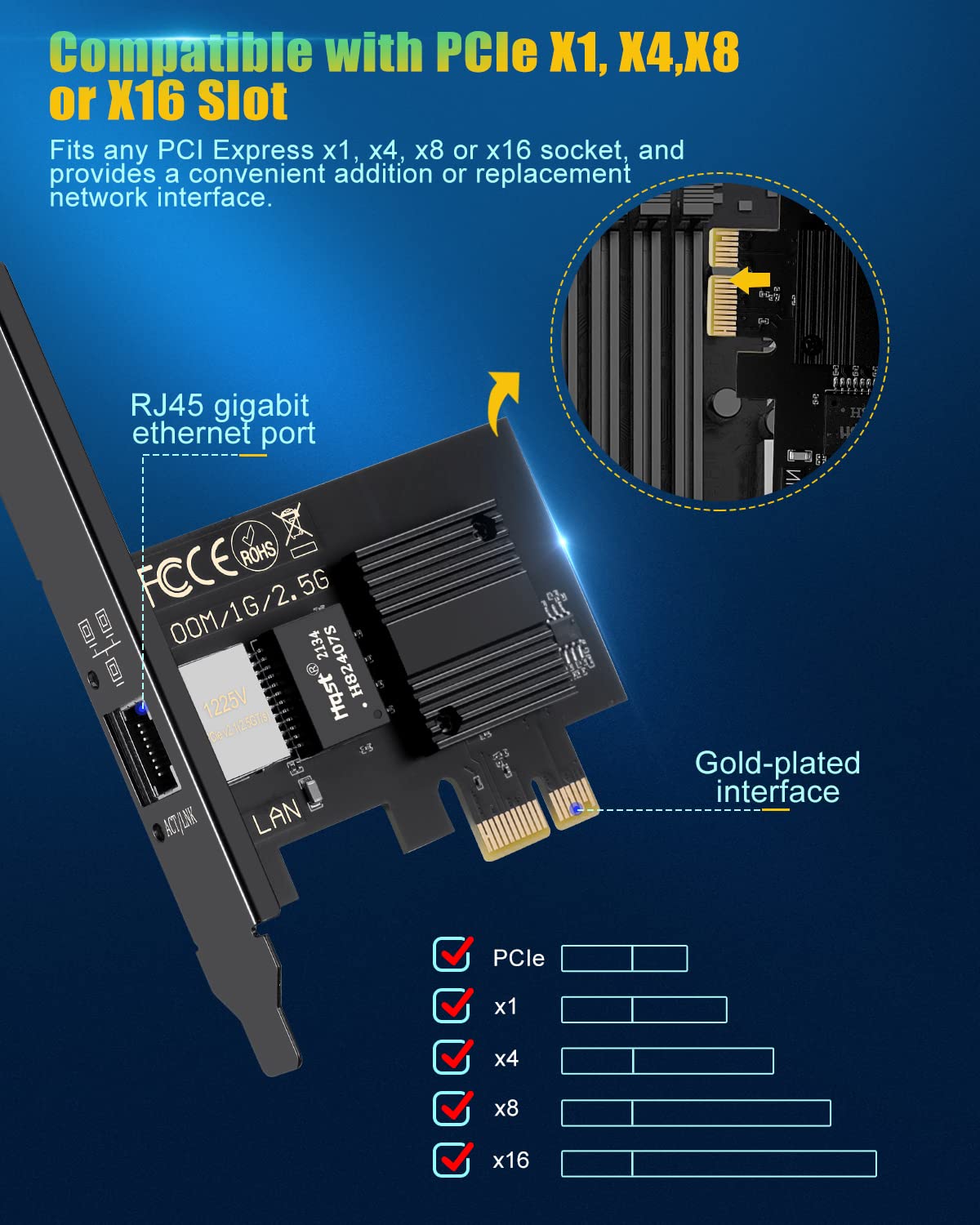 2.5GBase-T PCI Express Gigabit Network Card for Gaming, Streaming, 2.5G/1G/100Mbps PCIe Ethernet Network Adapter RJ45 LAN Controller for PC, Support Windows 10/11, Standard & Low-Profile Brackets