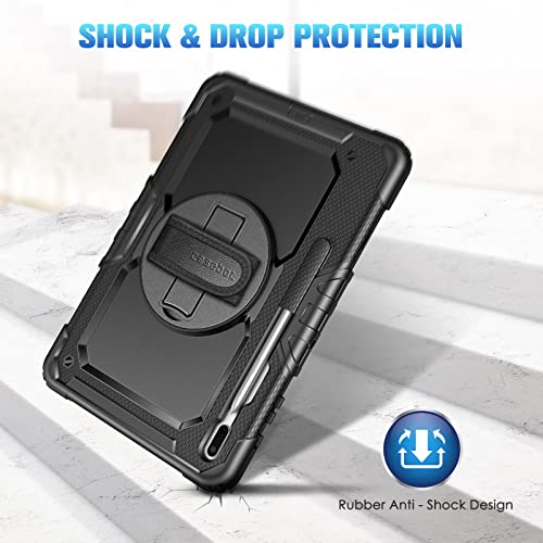 CaseBot Shockproof Case for Samsung Galaxy Tab S8 Plus 2022/S7 FE 2021/S7 Plus 2020 12.4 inch with Screen Protector, 360° Rotating Kickstand Rugged Heavy Duty Hybrid Cover w/Hand Shoulder Strap,Black