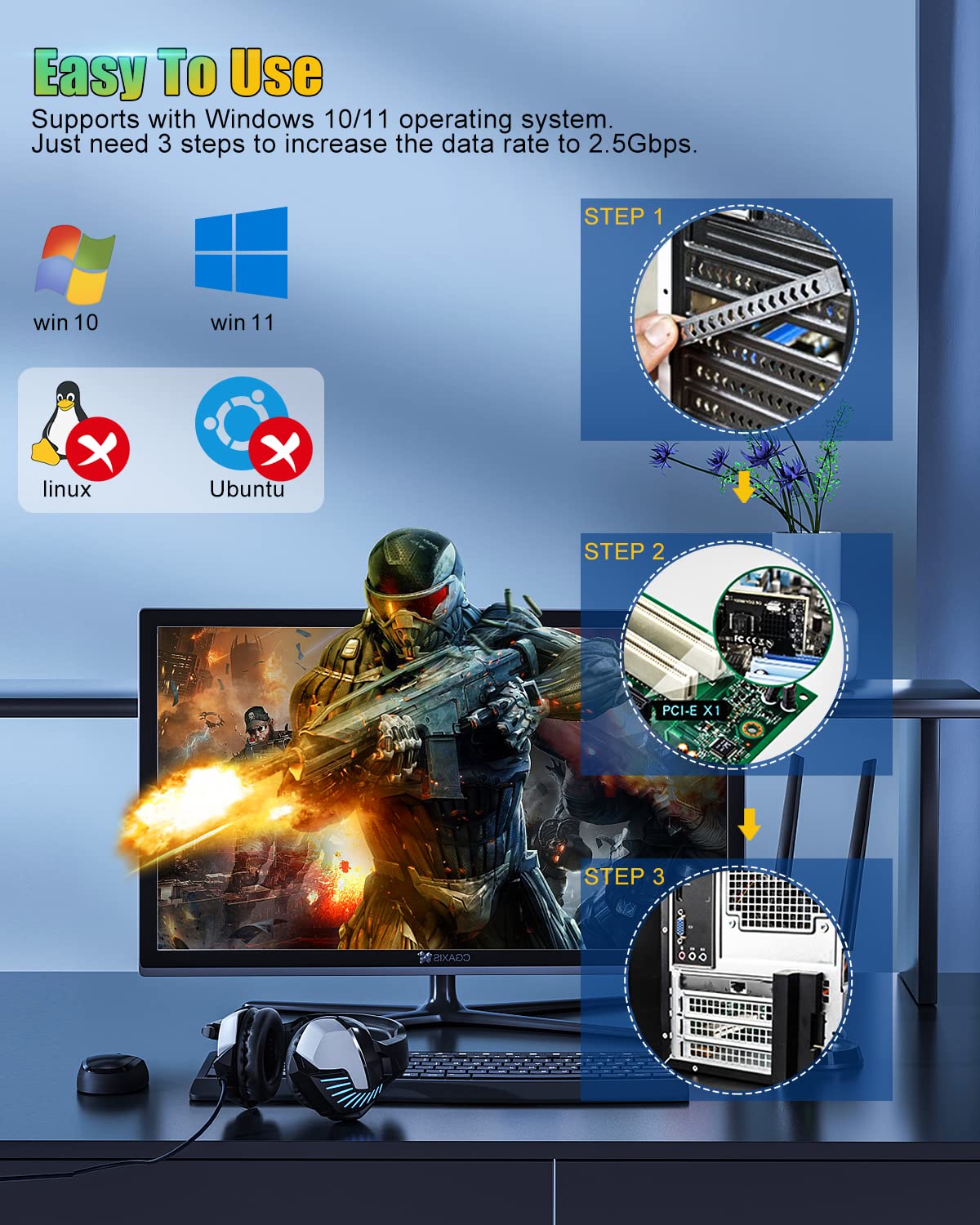 2.5GBase-T PCI Express Gigabit Network Card for Gaming, Streaming, 2.5G/1G/100Mbps PCIe Ethernet Network Adapter RJ45 LAN Controller for PC, Support Windows 10/11, Standard & Low-Profile Brackets