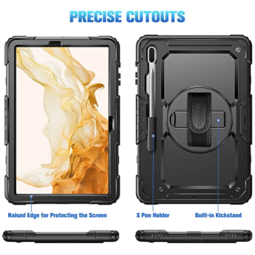 CaseBot Shockproof Case for Samsung Galaxy Tab S8 Plus 2022/S7 FE 2021/S7 Plus 2020 12.4 inch with Screen Protector, 360° Rotating Kickstand Rugged Heavy Duty Hybrid Cover w/Hand Shoulder Strap,Black