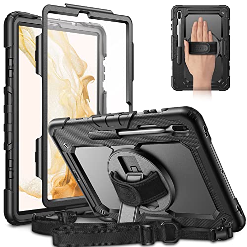 CaseBot Shockproof Case for Samsung Galaxy Tab S8 Plus 2022/S7 FE 2021/S7 Plus 2020 12.4 inch with Screen Protector, 360° Rotating Kickstand Rugged Heavy Duty Hybrid Cover w/Hand Shoulder Strap,Black