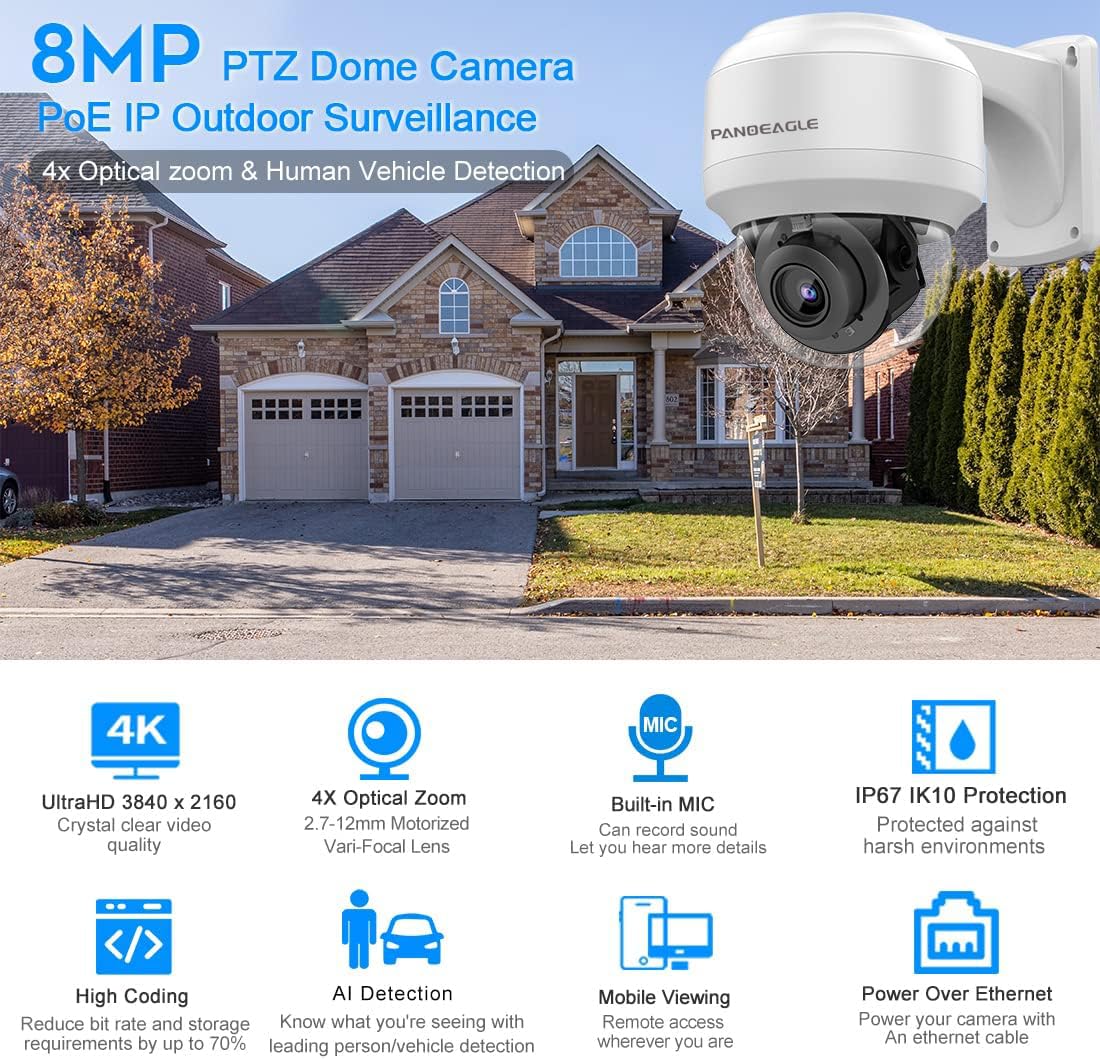 PANOEAGLE Outdoor 8MP PTZ PoE IP Camera Dome with Pan Tilt 4X Optical Zoom Motorized Lens, Built-in Mic, Human Vehicle Detection, 165ft IR Night Vision, IP67, IK10