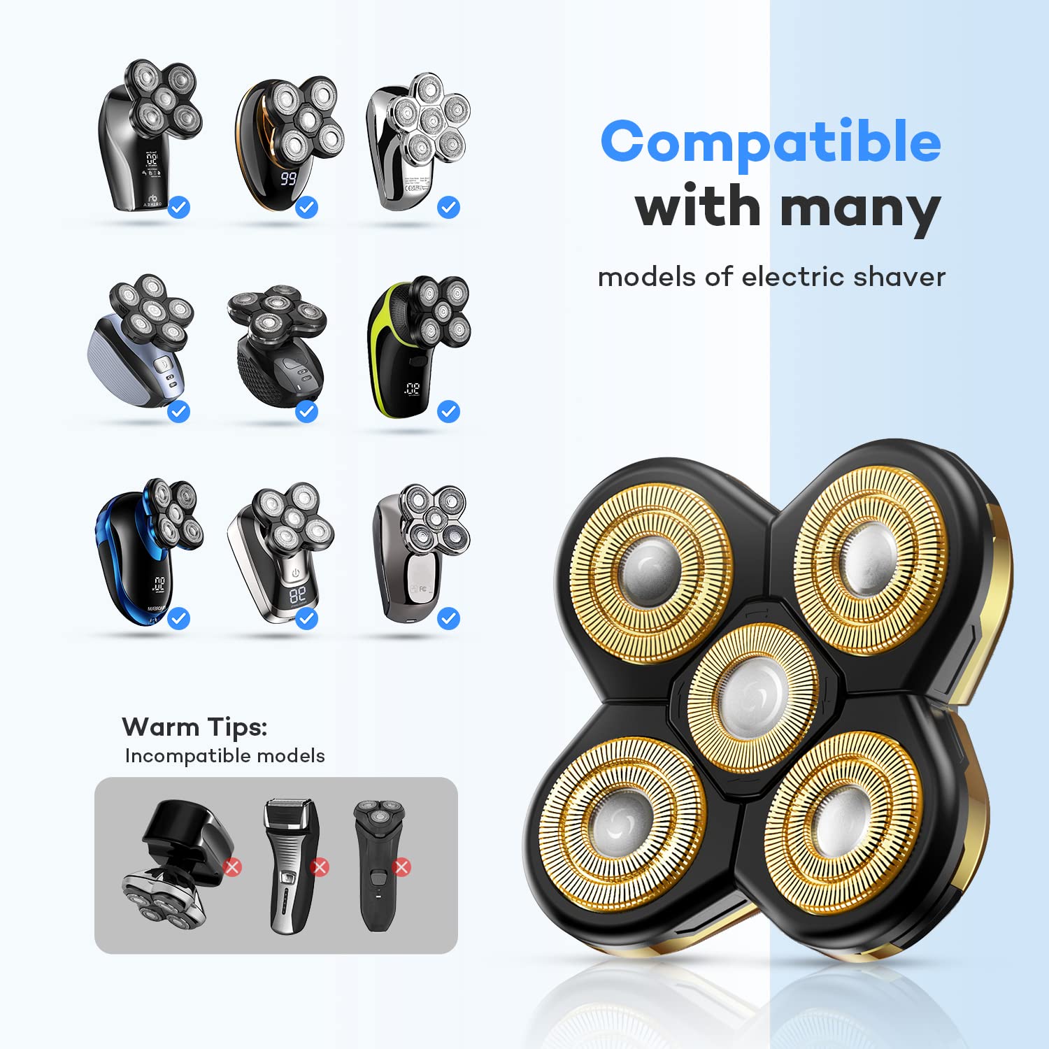 Replacement Head Shavers for Bald Men, 5 and 6 Heads Beard Hair Replacement Blade, Easy to Clean Electric Shaver Fit Your Face and Head Shave for Bald (Gold)