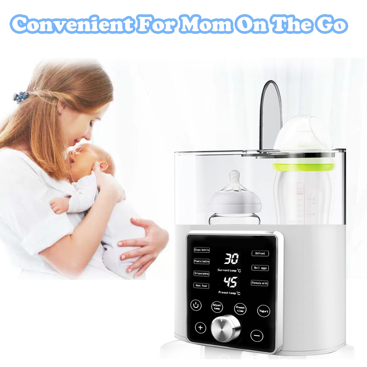 Portable Baby Bottle Warmer, 8 in 1 Milk Warmer of Breastmilk/Formula/Regular Milk, Food Heater&Defrost with LCD Display, Travel Double Bottle Warmer with Accurate Temperature Control