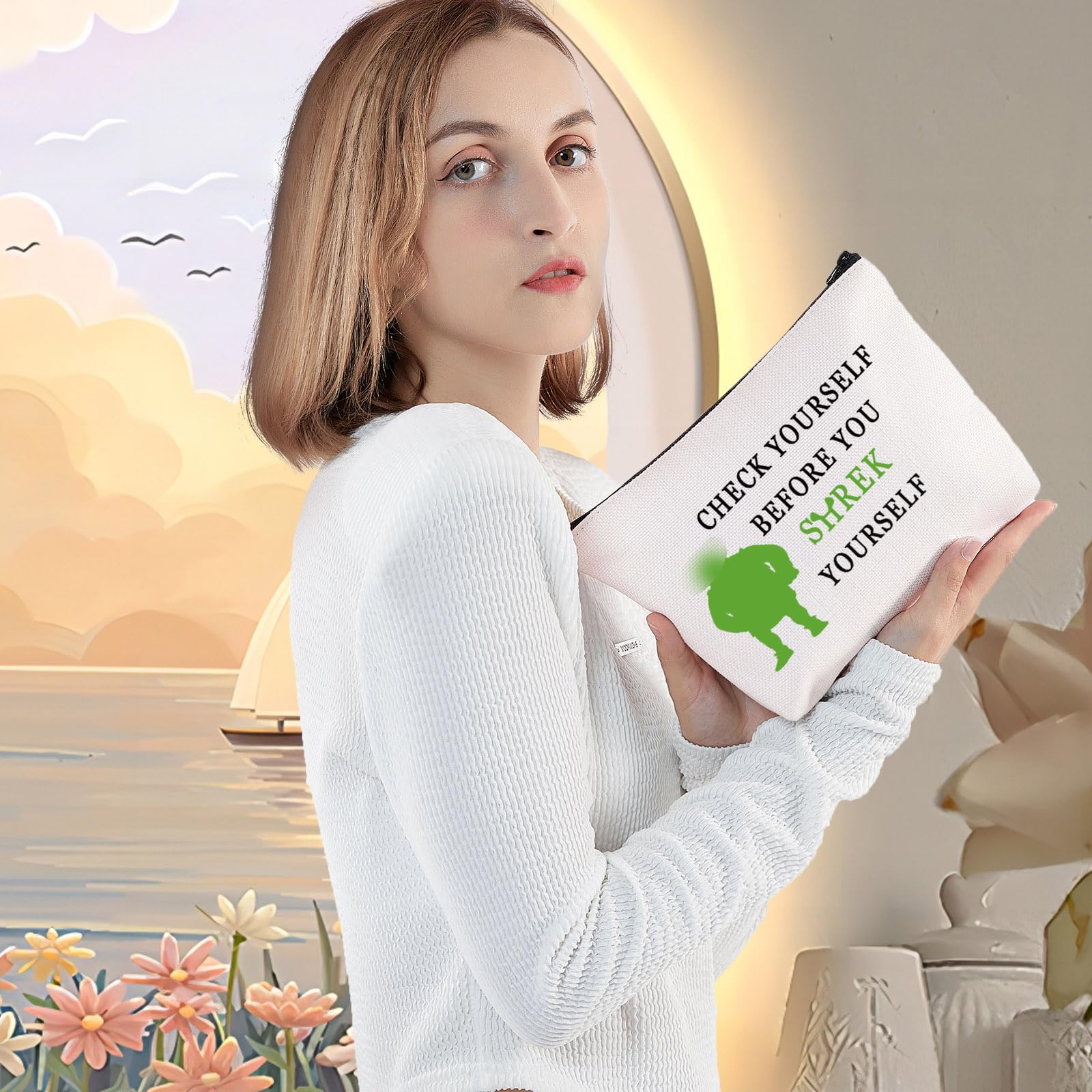 LEVLO Monster Movie Cosmetic Bag Green Monster Fans Gift Check Yourself Before You Monster Yourself Makeup Zipper Pouch Bag (Check Yourself)