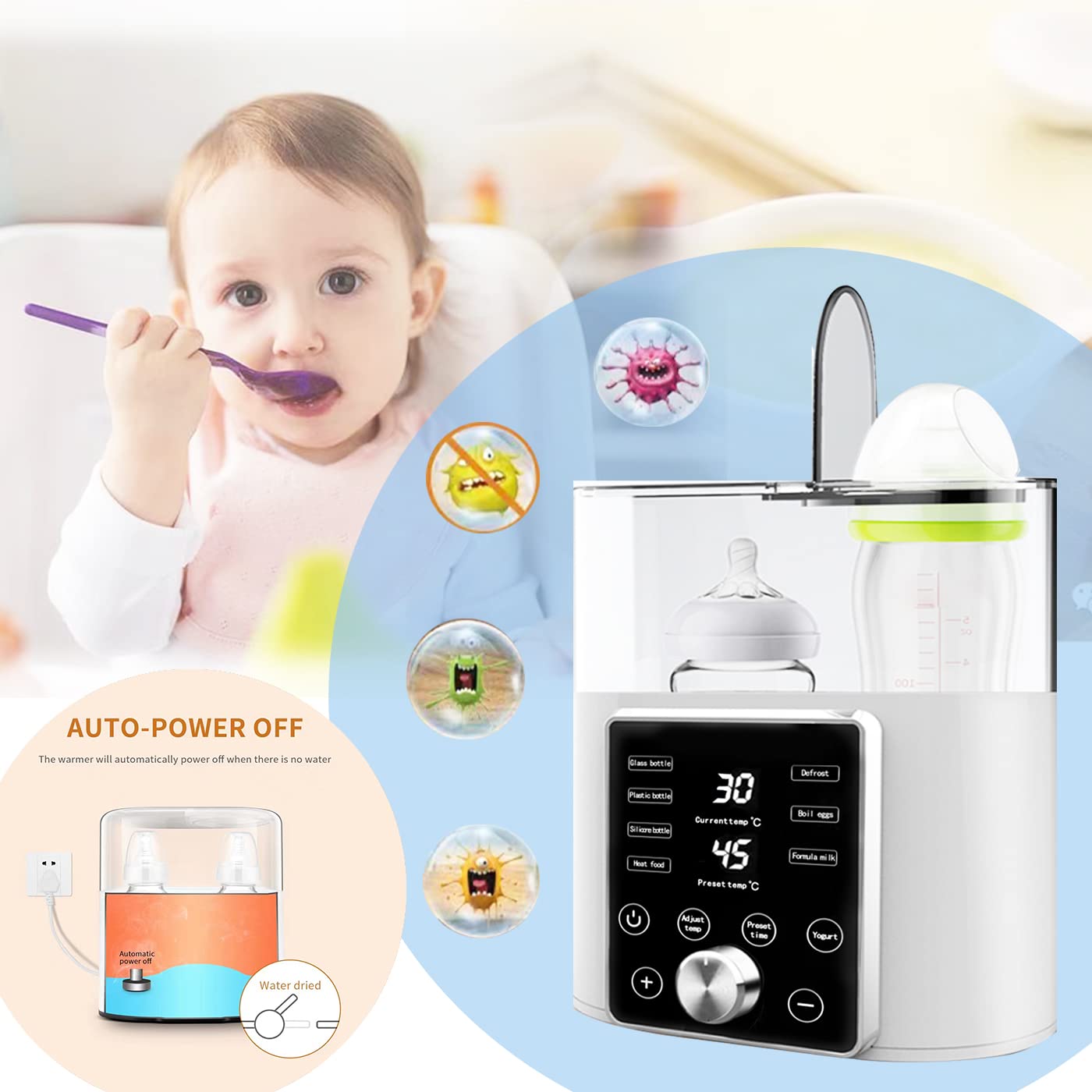 Portable Baby Bottle Warmer, 8 in 1 Milk Warmer of Breastmilk/Formula/Regular Milk, Food Heater&Defrost with LCD Display, Travel Double Bottle Warmer with Accurate Temperature Control