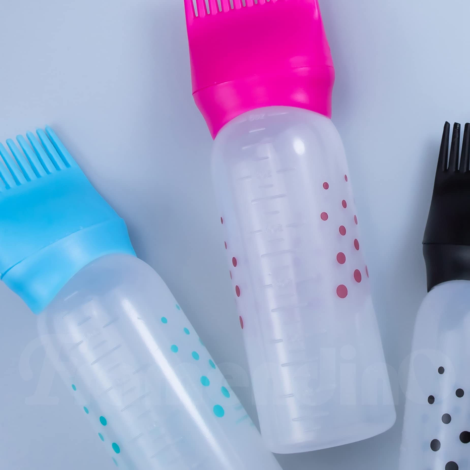 Framendino, 3 Pack Root Comb Applicator Bottle with Graduated Scale Colorful Plastic Squeeze Brush for Hair Dye Home Salon 6 oz