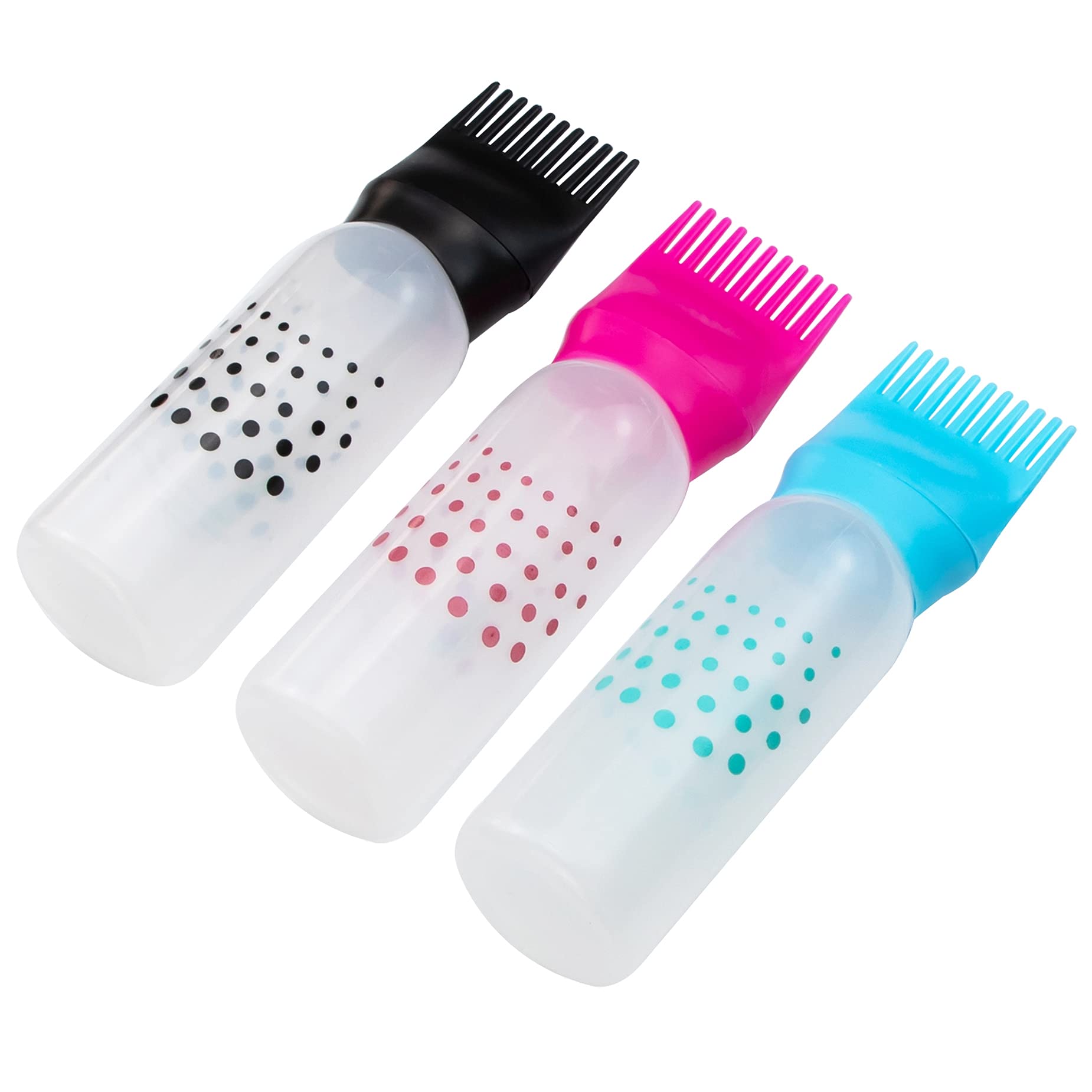 Framendino, 3 Pack Root Comb Applicator Bottle with Graduated Scale Colorful Plastic Squeeze Brush for Hair Dye Home Salon 6 oz