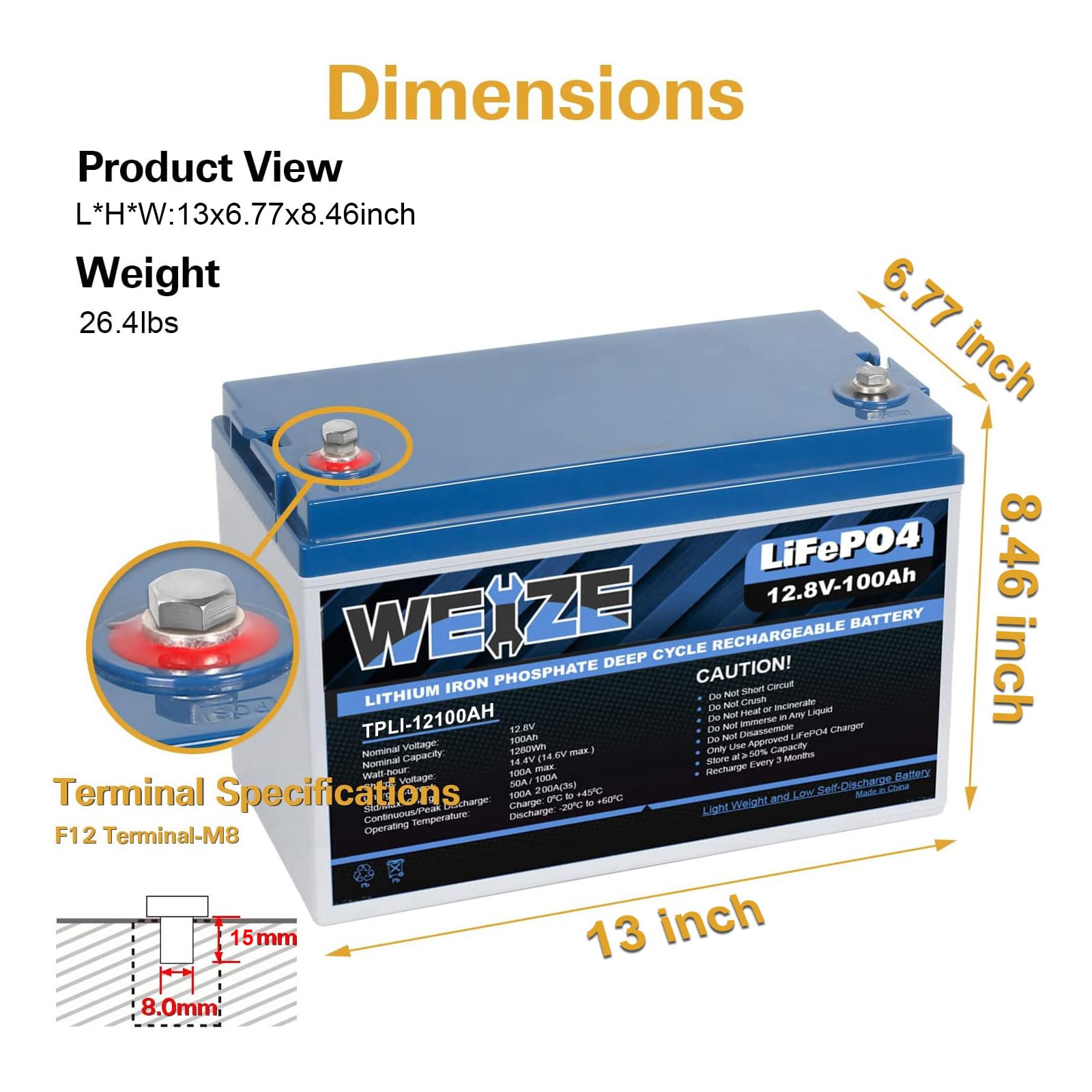Weize 12V 100Ah LiFePO4 Lithium Battery, Built-in Smart BMS, Low Temperature Protection Group 31 Deep Cycle Battery for Trolling Motor, RV, Solar, Marine, Camping and Off Grid Applications