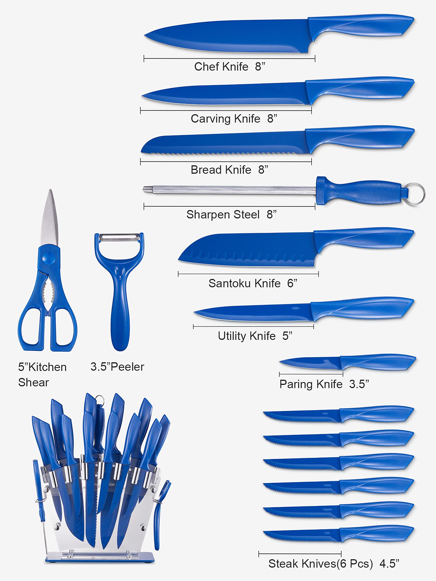Knife Set, No Rust 16 Pieces Knives Set, Knife Block Set with Easy Clean Acrylic Stand, Super Sharp Kitchen Knife Set with a Vegetable Peeler, Blue