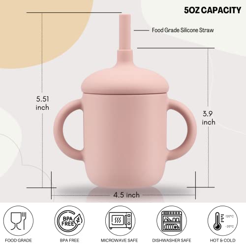 Mintlyfe Baby Trainer Cup, Silicone Training Cup with Handles Lid and Straw, BPA-Free, Unbreakable, Spill Proof and Non-Slip Handles Sippy Cup for Toddlers, 5 oz (Blush)