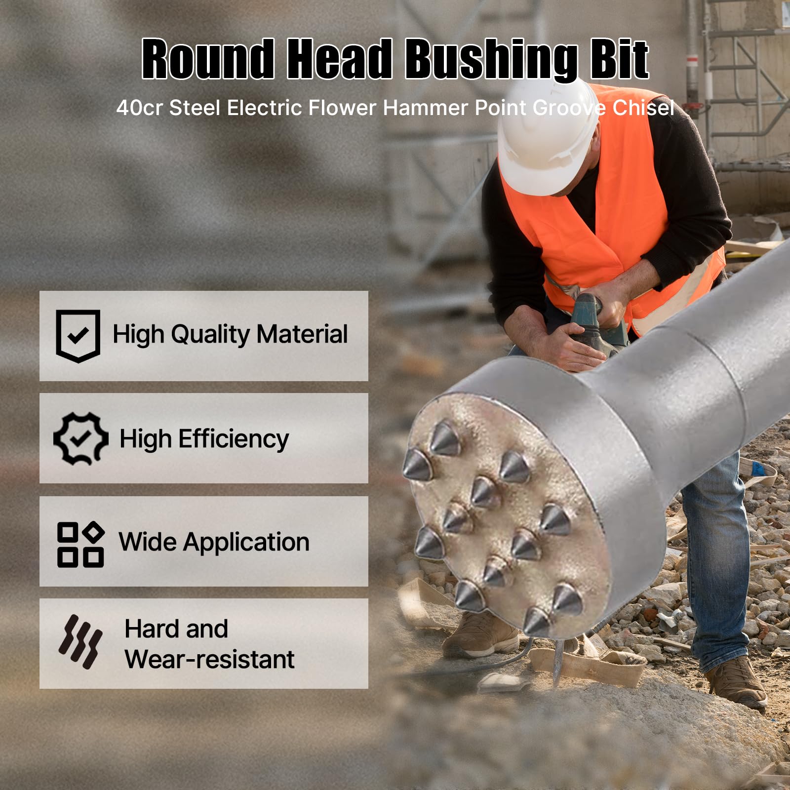 Vearter SDS Plus Bushing Tool 12 Tips, 5.3'' X 1.4'' Round Head Concrete Roughness Coating Remove Bushing Bit for Rotary Hammer, Chisel Drill Bit for Masonry, Brick Wall